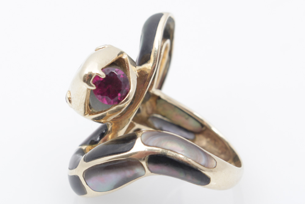 14K Yellow Gold Ruby, Tourmaline and Mother of Pearl Snake Ring | EBTH