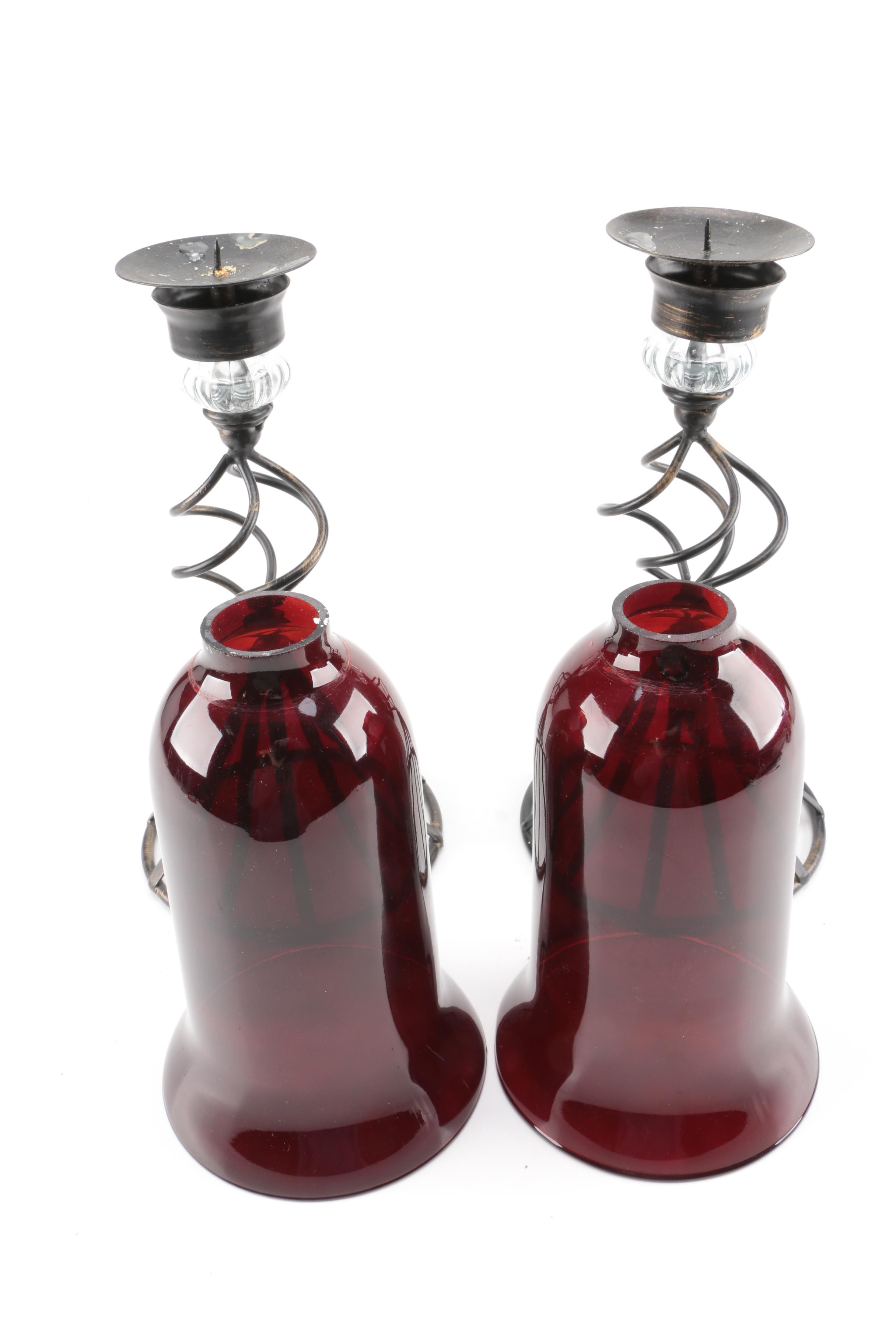 Metal and Red Glass Hurricane Lamps | EBTH