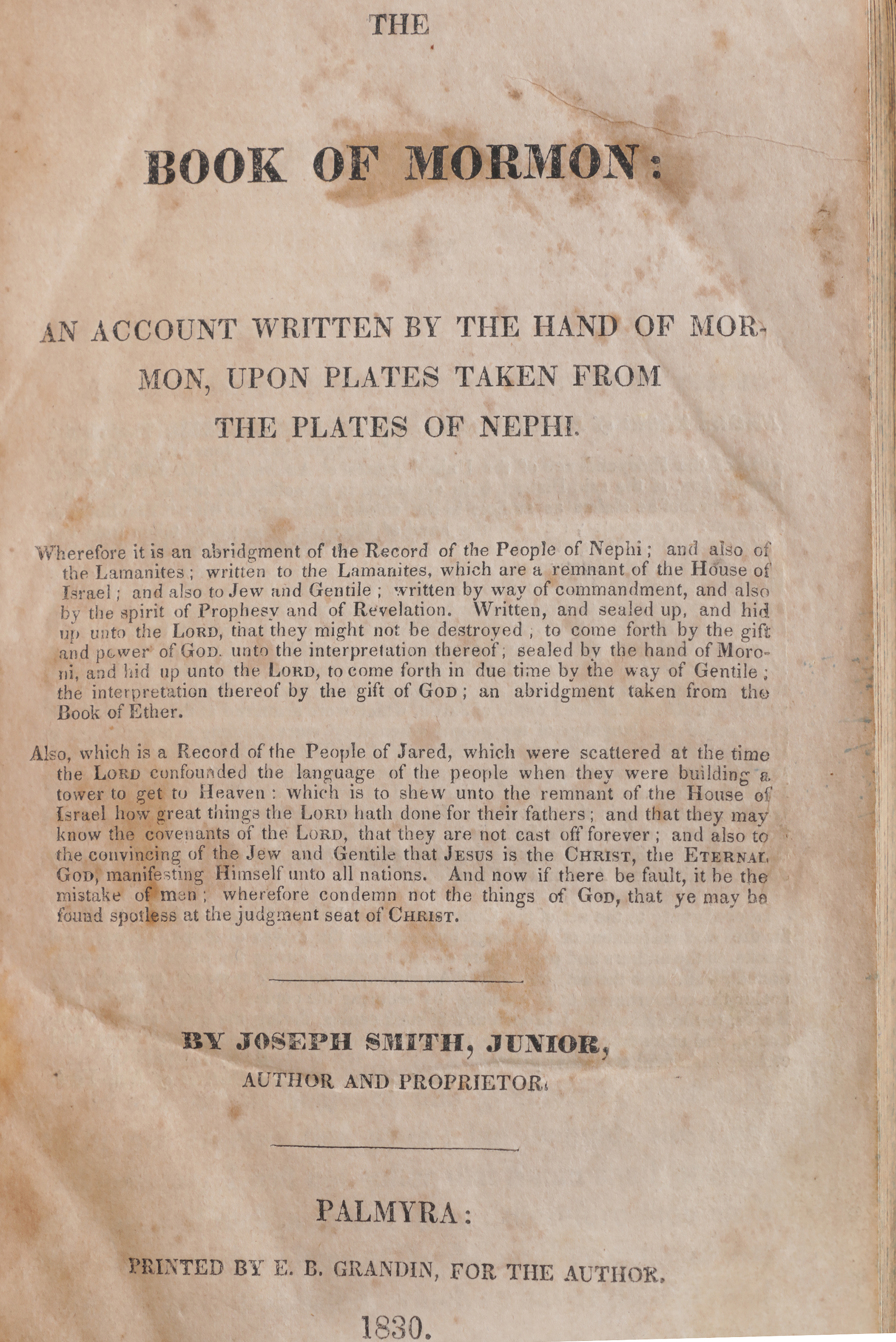 1830 Pugh Family Palmyra First Edition "Book of Mormon" | EBTH
