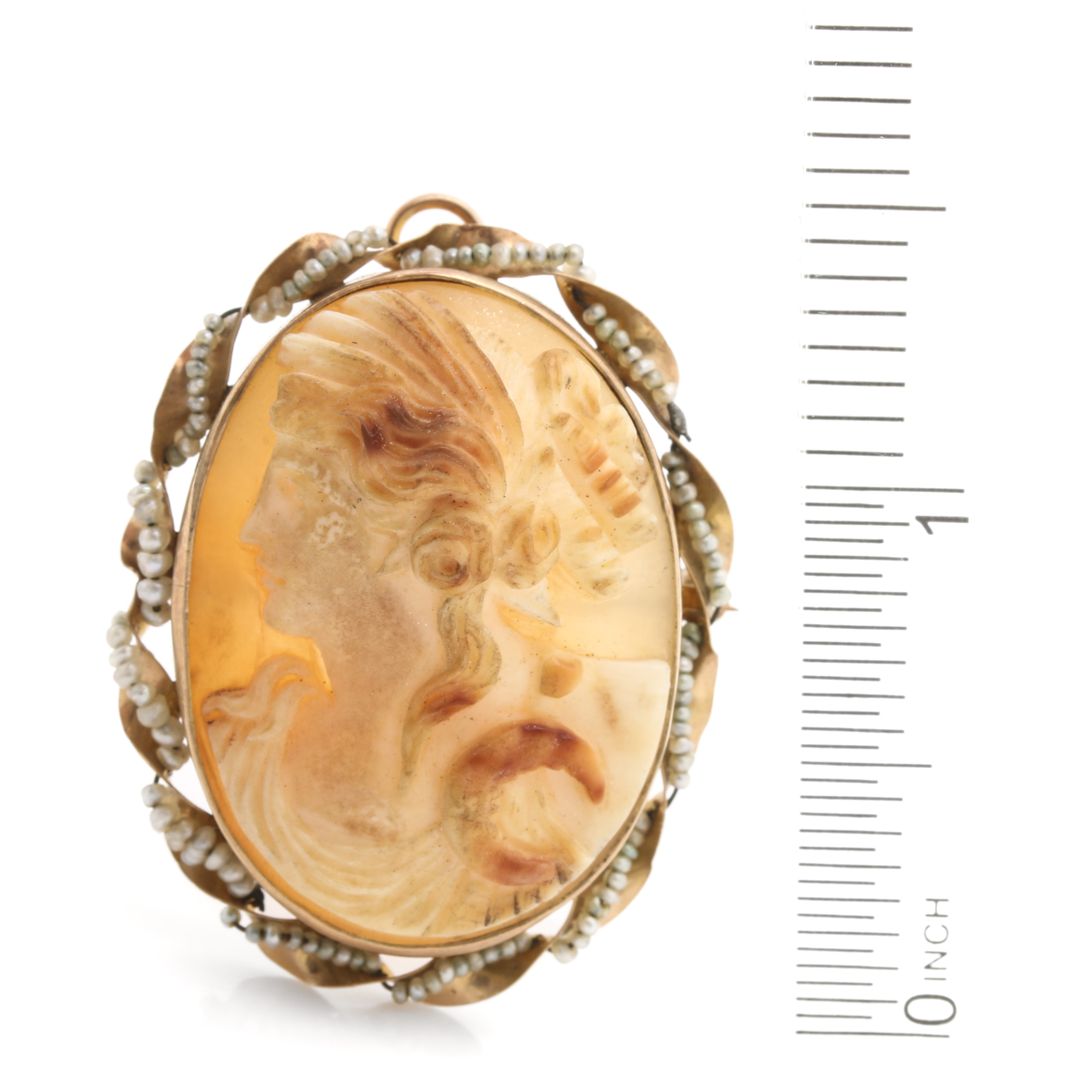 10K Yellow Gold Carved Helmet Shell Cameo Brooch with Seed Pearls | EBTH