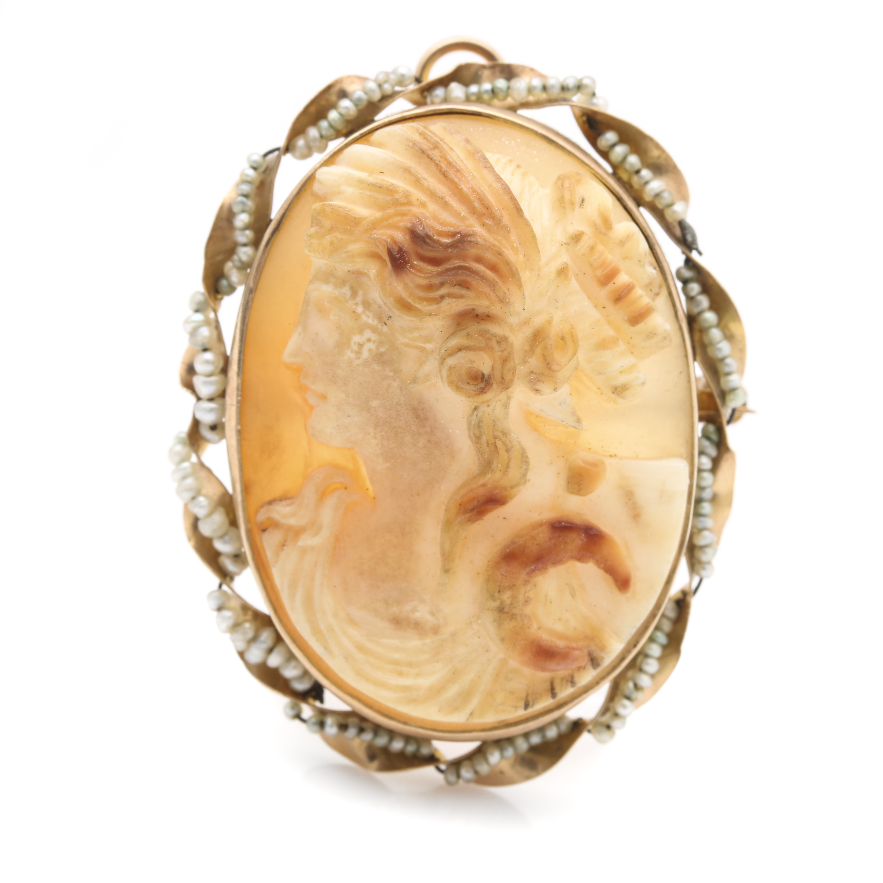 10K Yellow Gold Carved Helmet Shell Cameo Brooch with Seed Pearls | EBTH