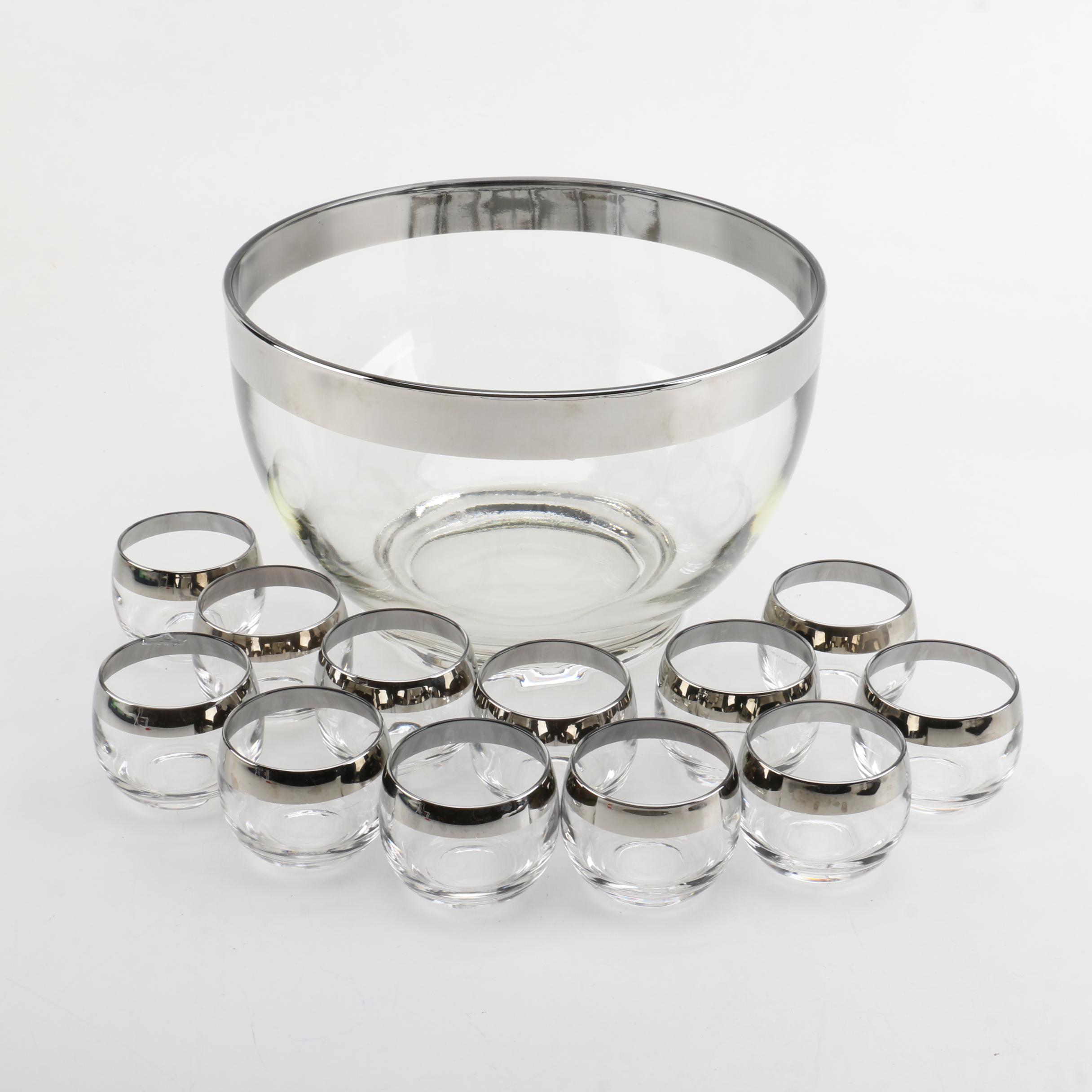 Dorothy Thorpe Silver Rimmed Glass Punch Bowl and Roly Poly Cups | EBTH