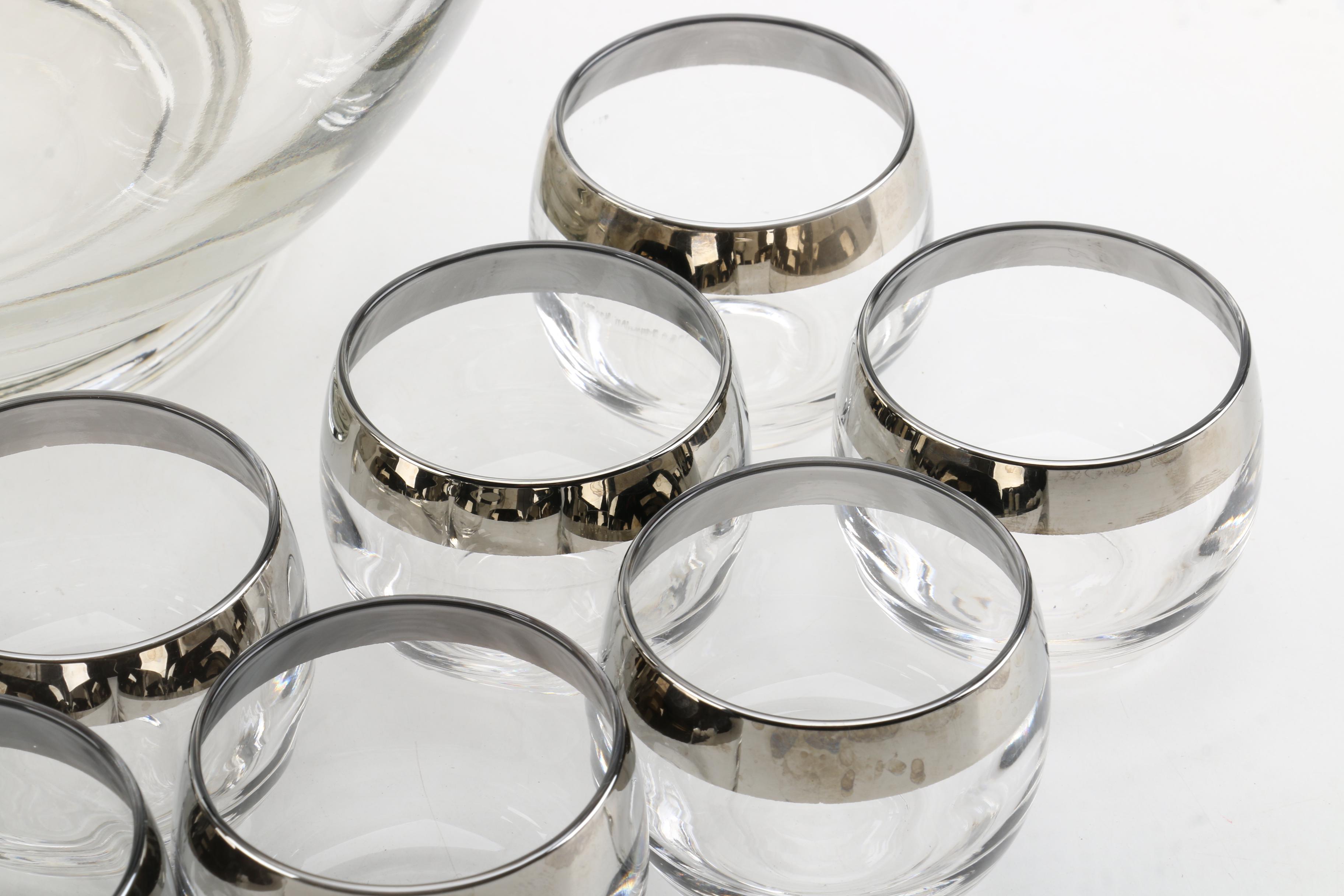 Dorothy Thorpe Silver Rimmed Glass Punch Bowl and Roly Poly Cups | EBTH