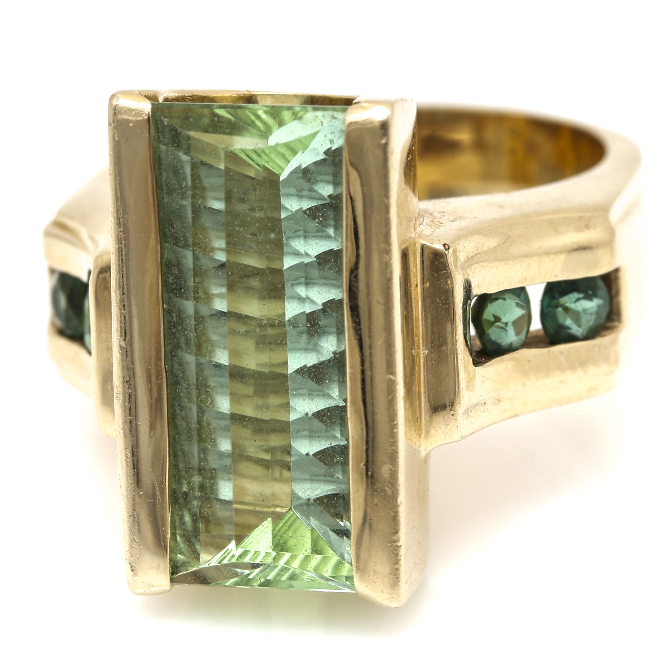 14K Yellow Gold 5.37 Carat Rectangle Facet Cut Green Tourmaline Ring | EBTH
