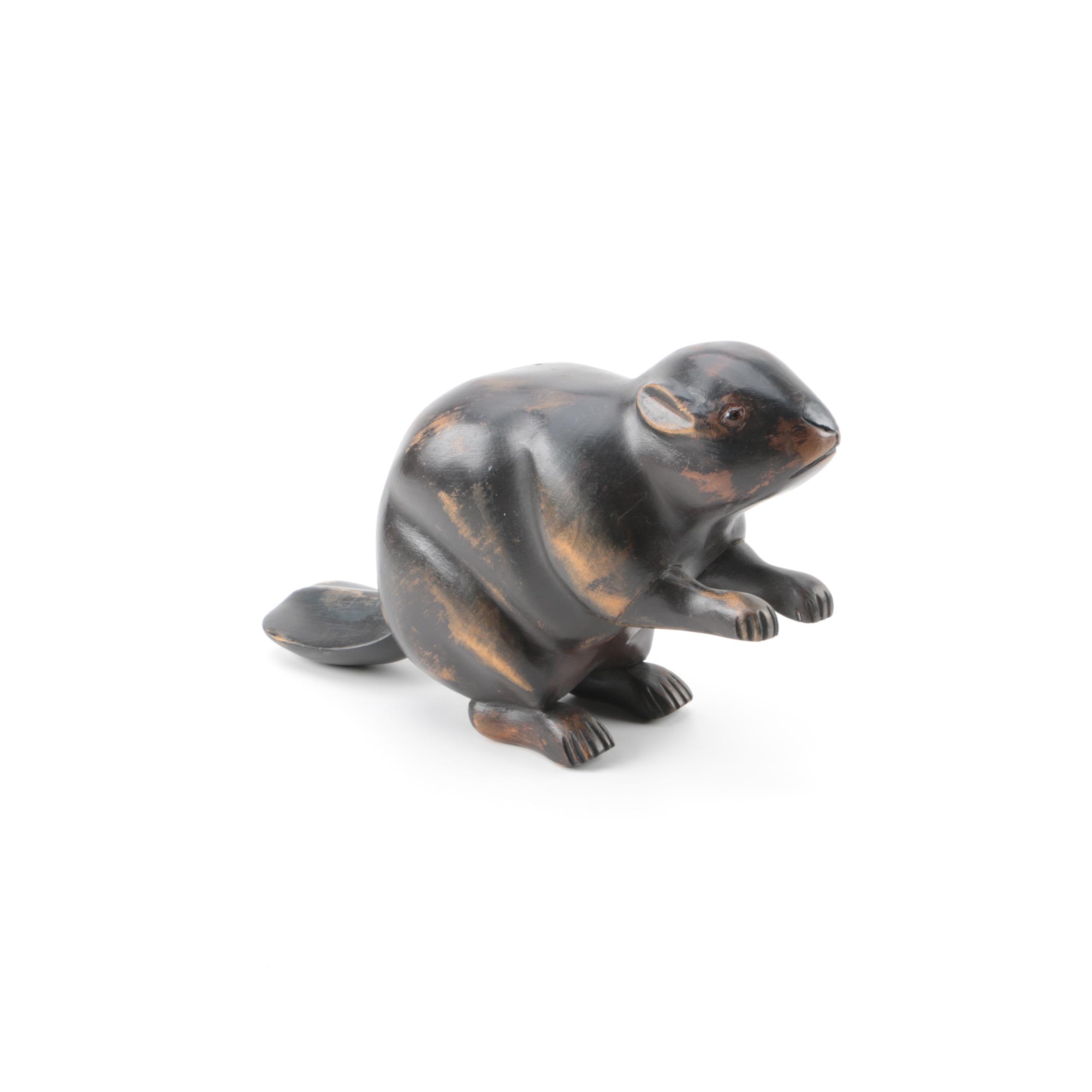 Signed Wood Carved Beaver Figure | EBTH