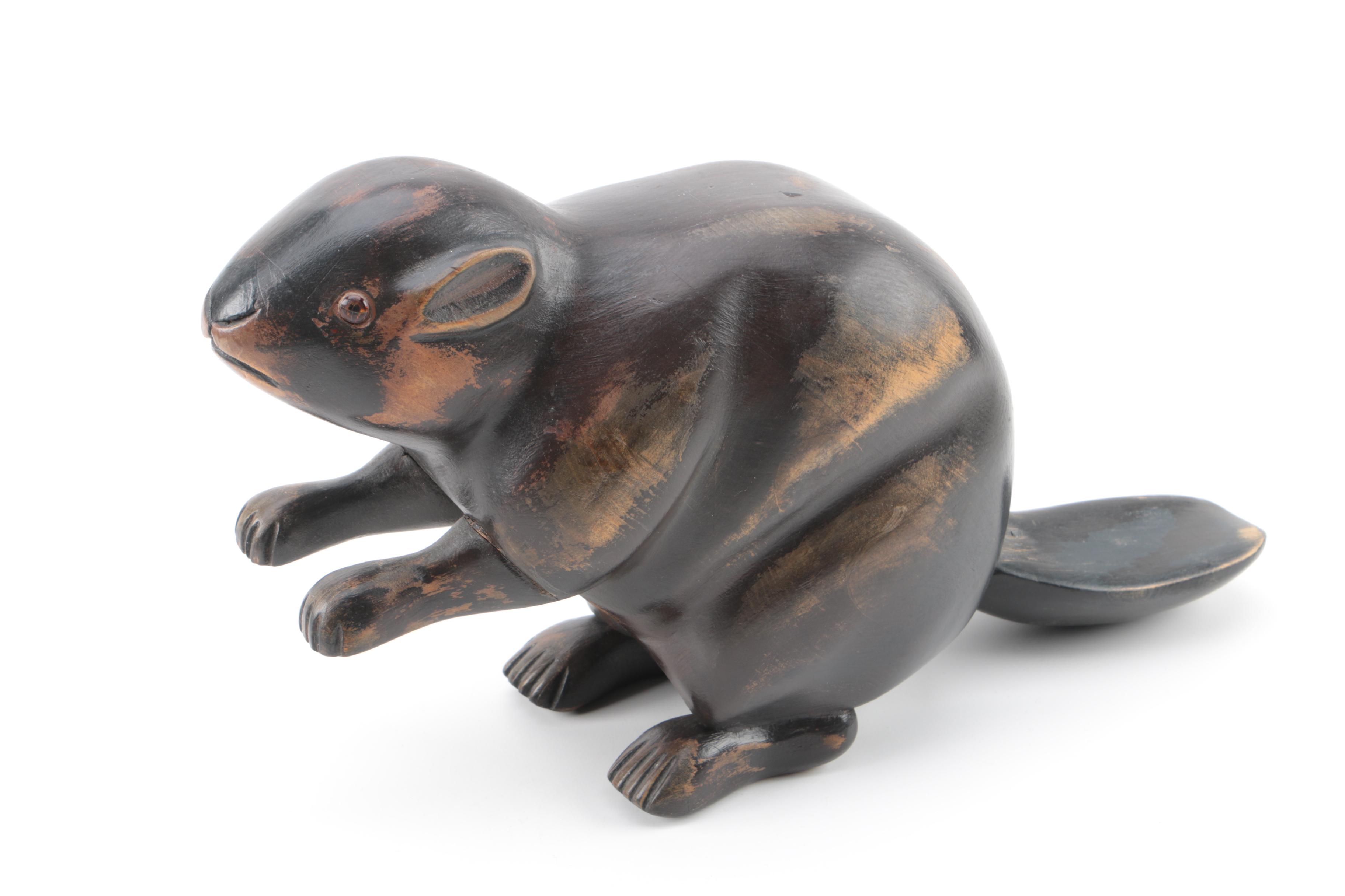 Signed Wood Carved Beaver Figure | EBTH
