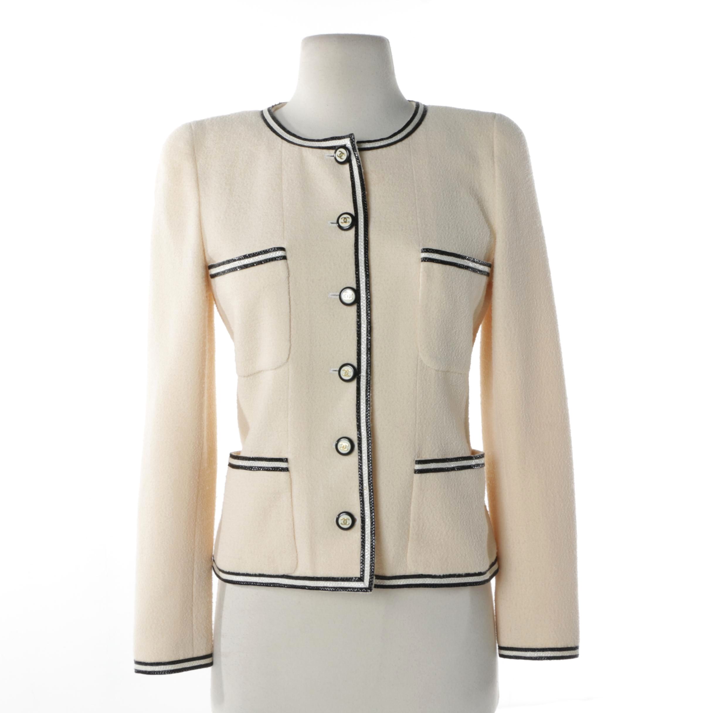 Women's Vintage Chanel Boutique Cream and Black Wool Blend Suit Jacket ...