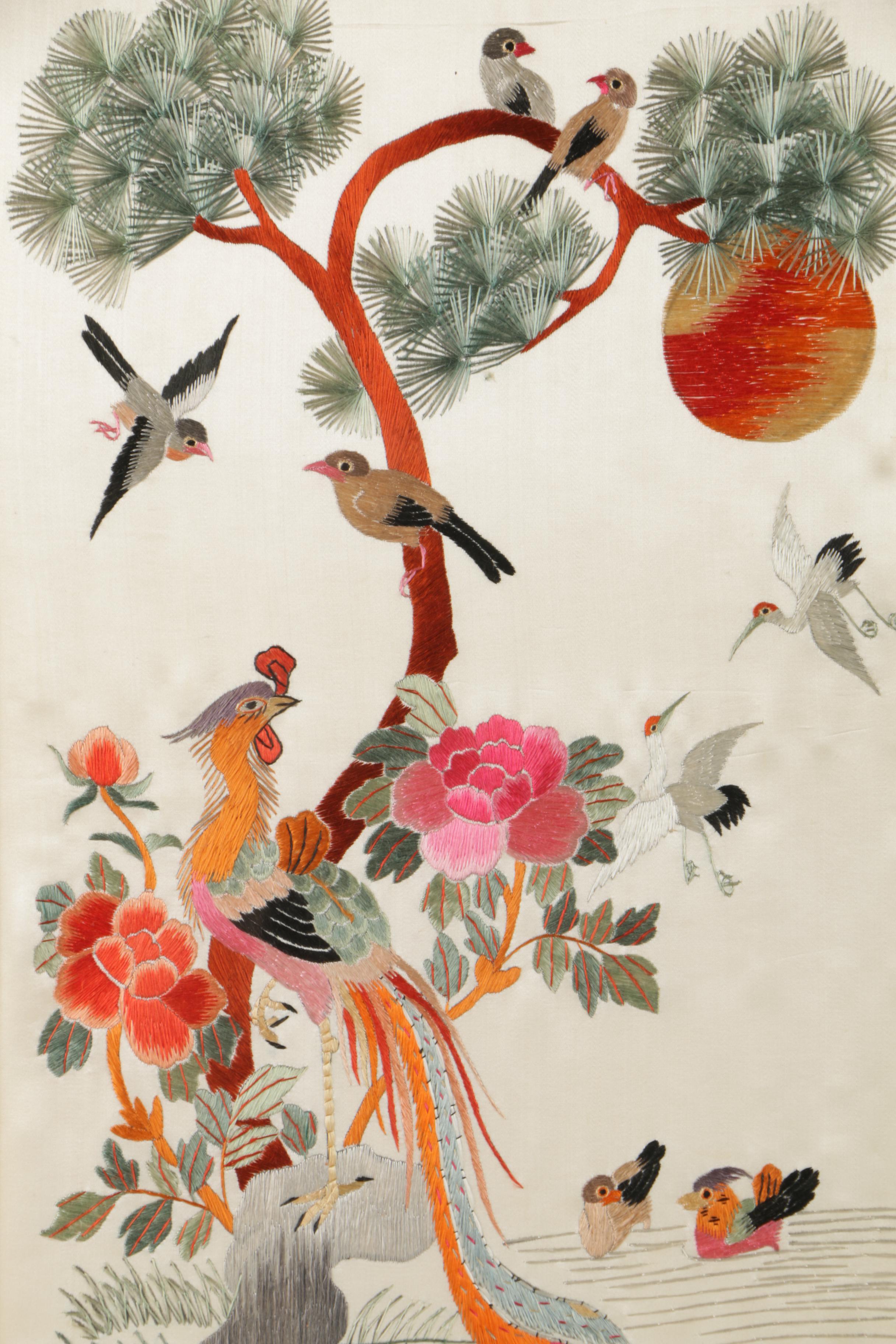 Chinese Bird and Floral Motif Silk Embroidery | EBTH