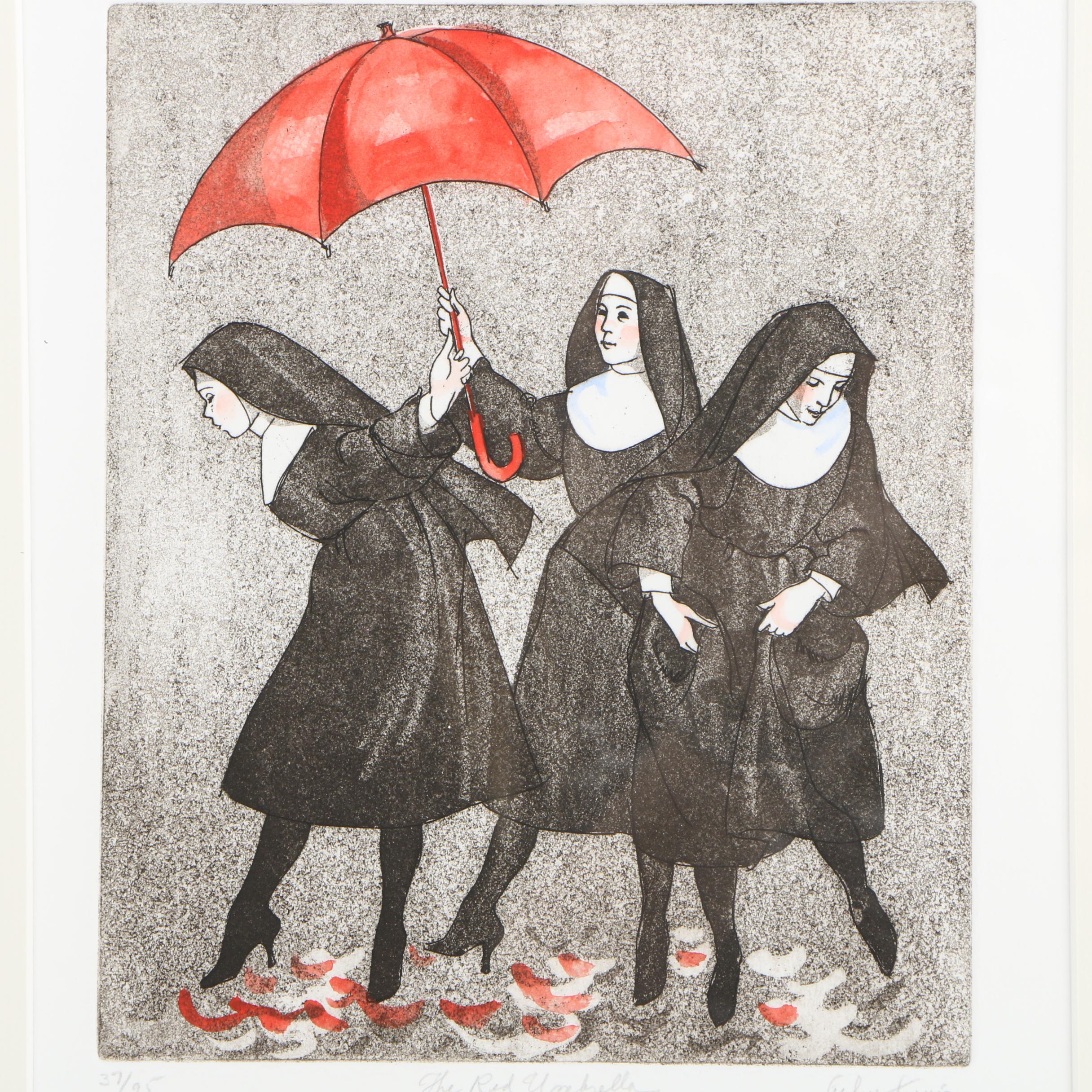 Helen Kunic Late 20th Century Etching with Aquatint "The Red Umbrella ...