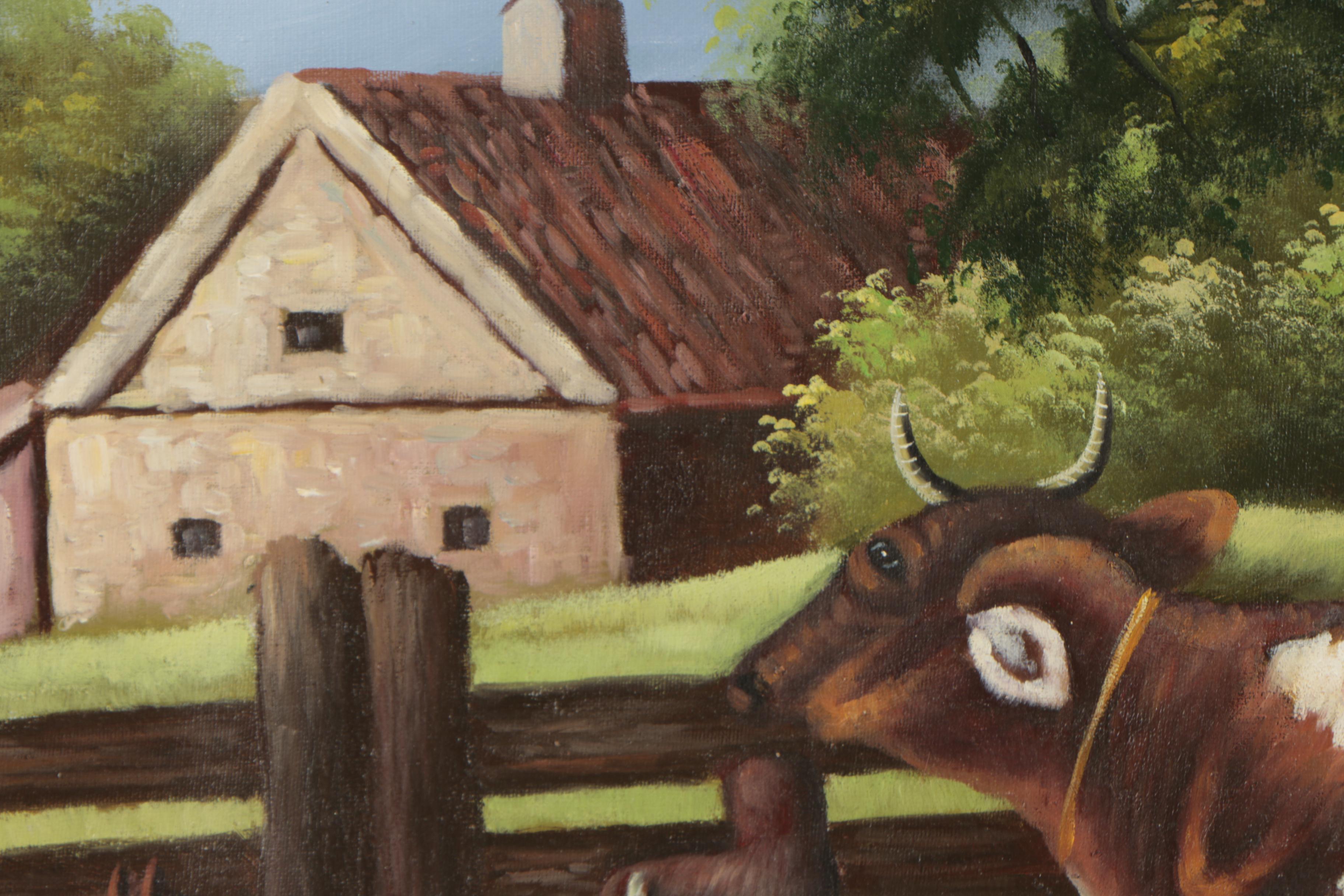 Oil on Canvas Pastoral Painting of Farm Animals | EBTH