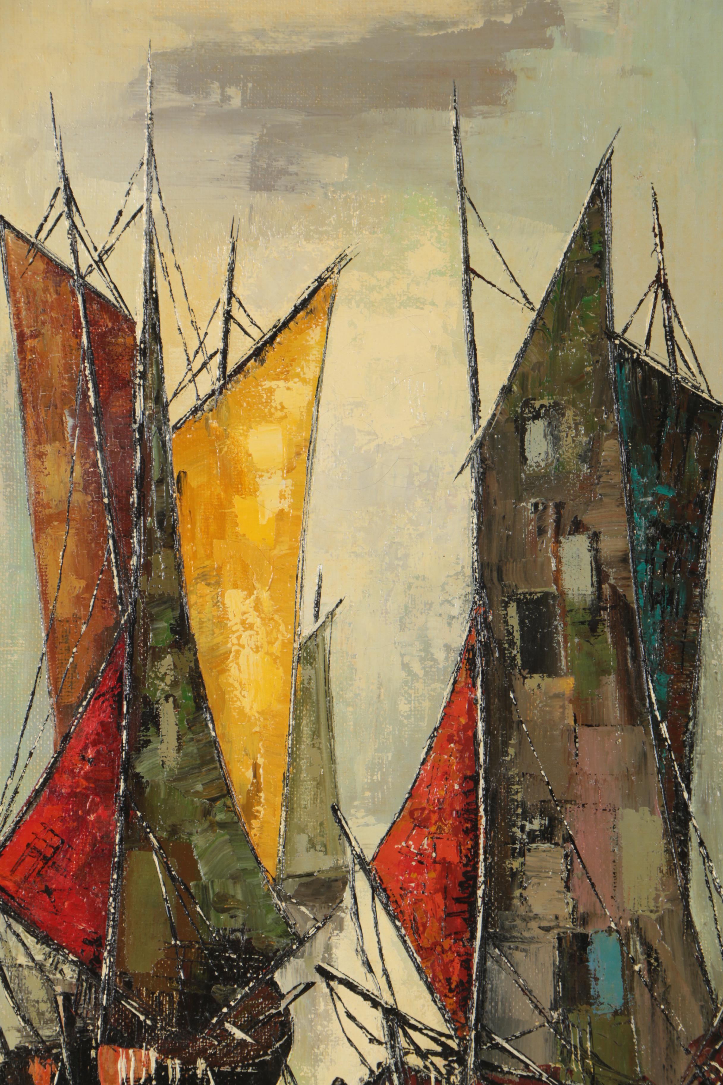 Luc Verger Mid Century Oil Painting of Ships at Sea | EBTH