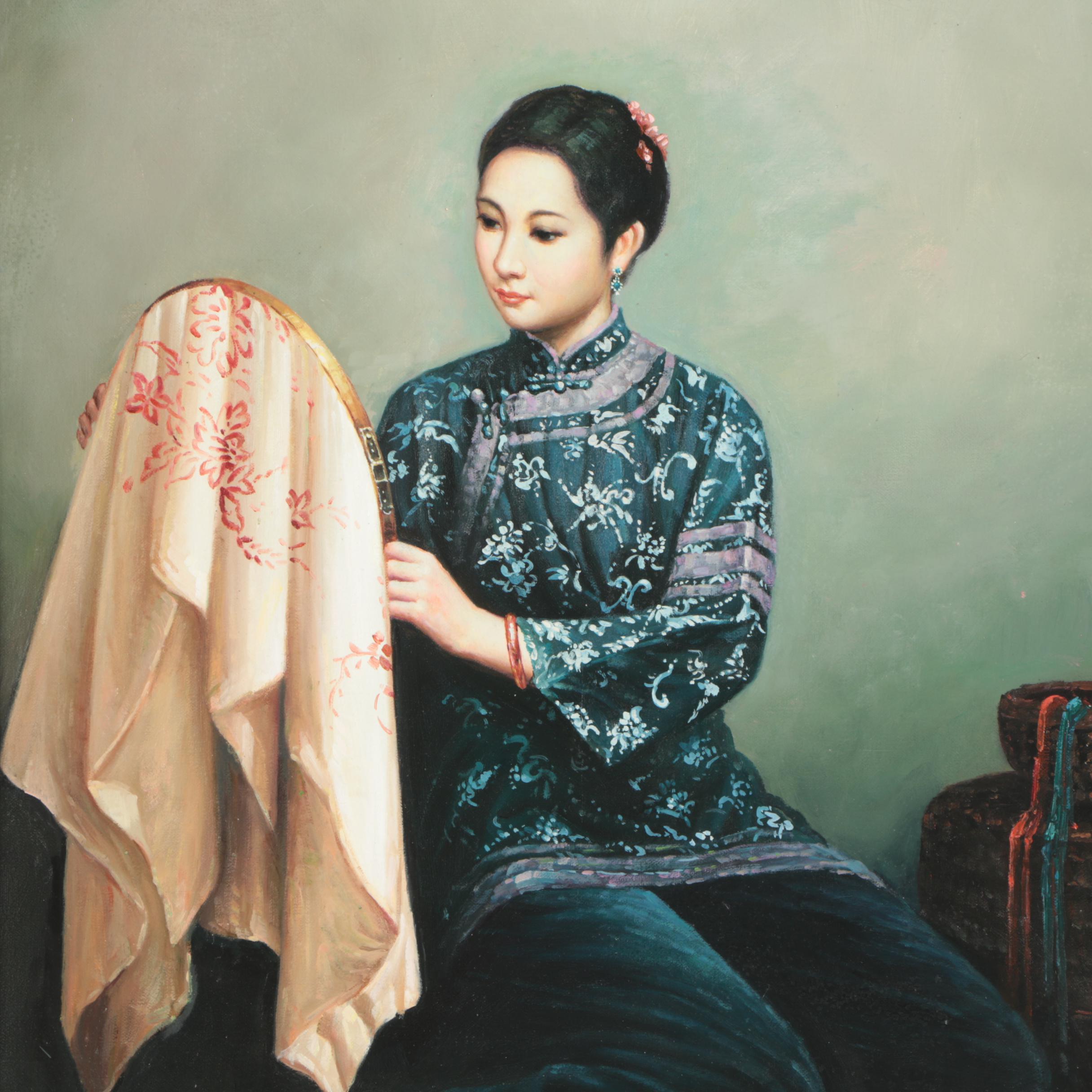 Minghin Oil Painting of a Woman Sewing | EBTH