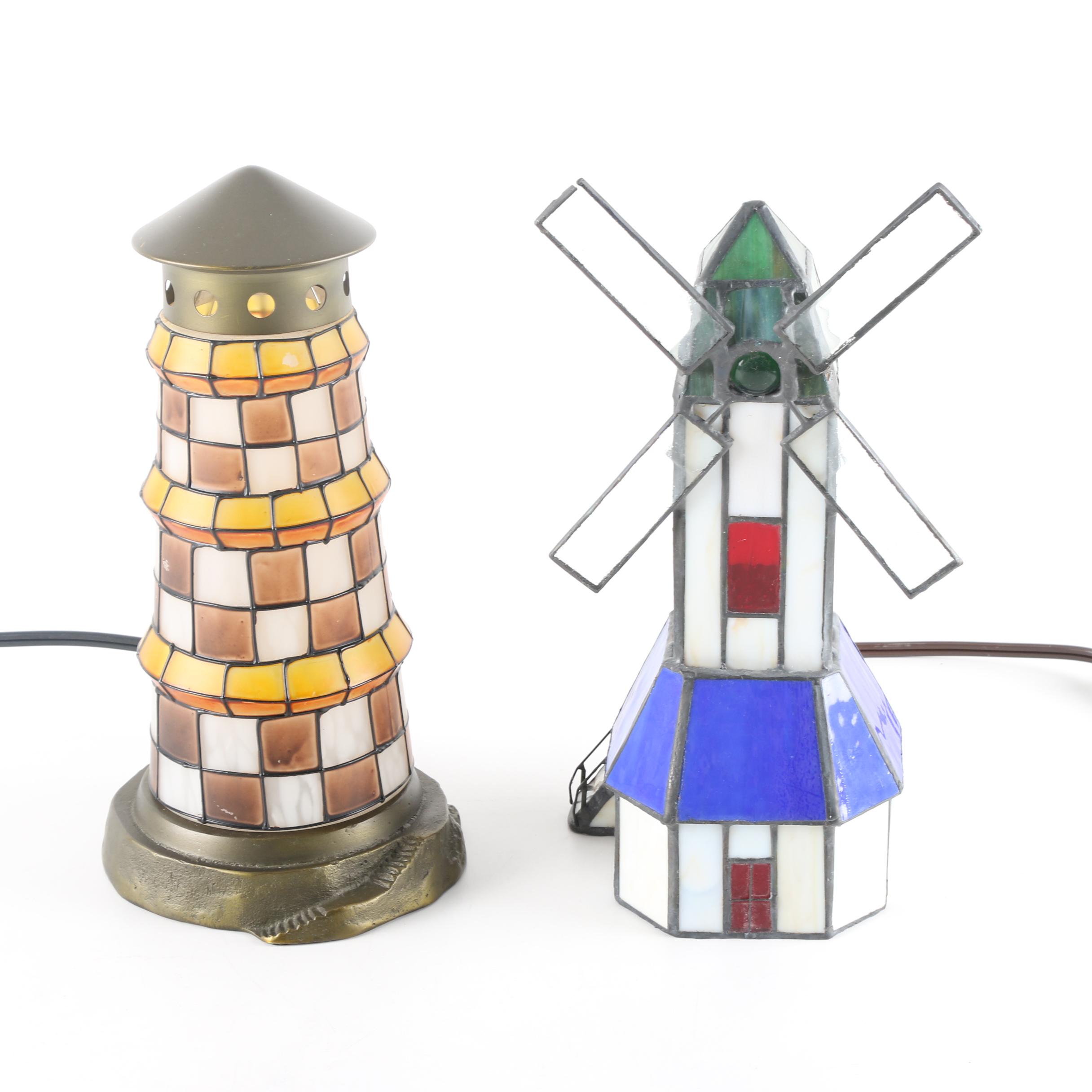 Leaded Glass Style Windmill and Lighthouse Accent Lamps | EBTH