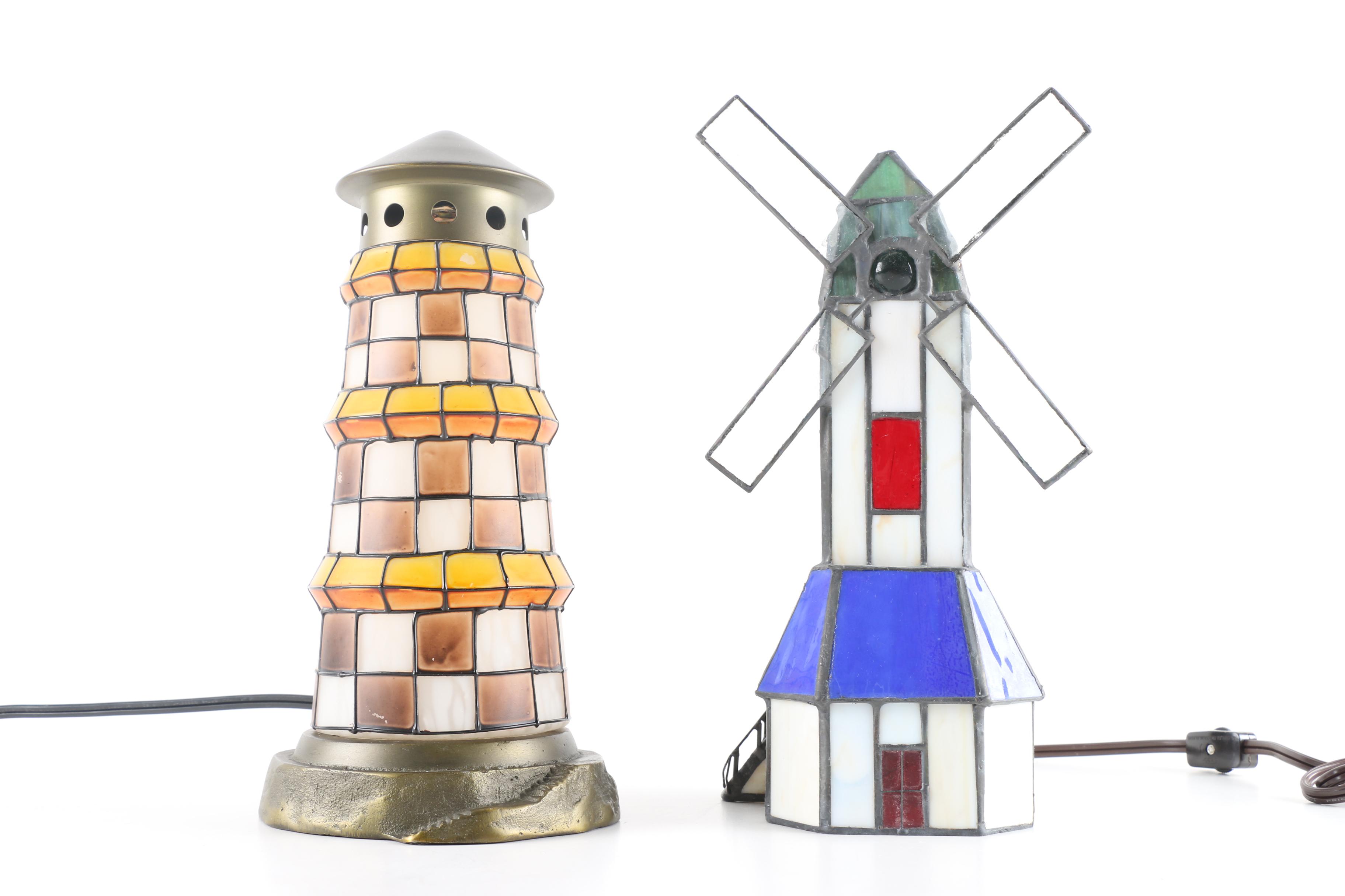 Leaded Glass Style Windmill and Lighthouse Accent Lamps | EBTH