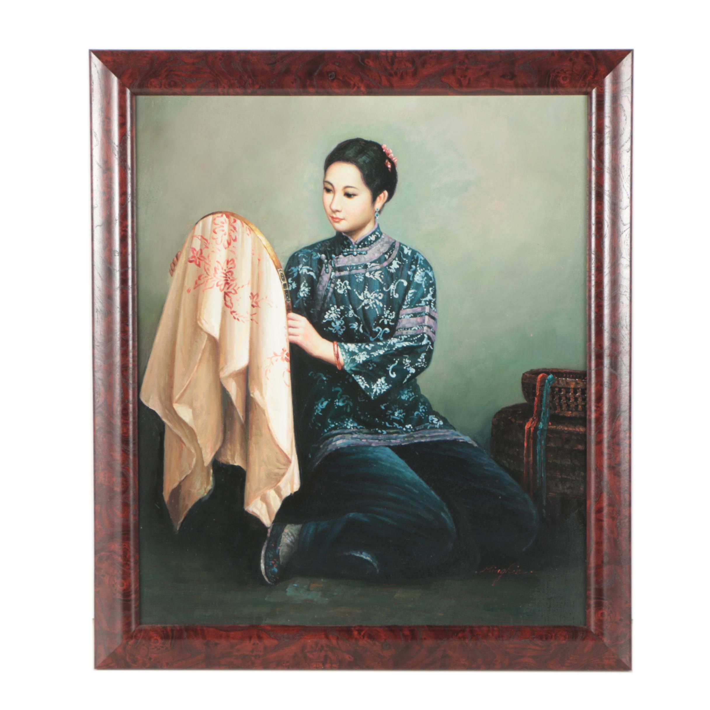Minghin Oil Painting of a Woman Sewing | EBTH