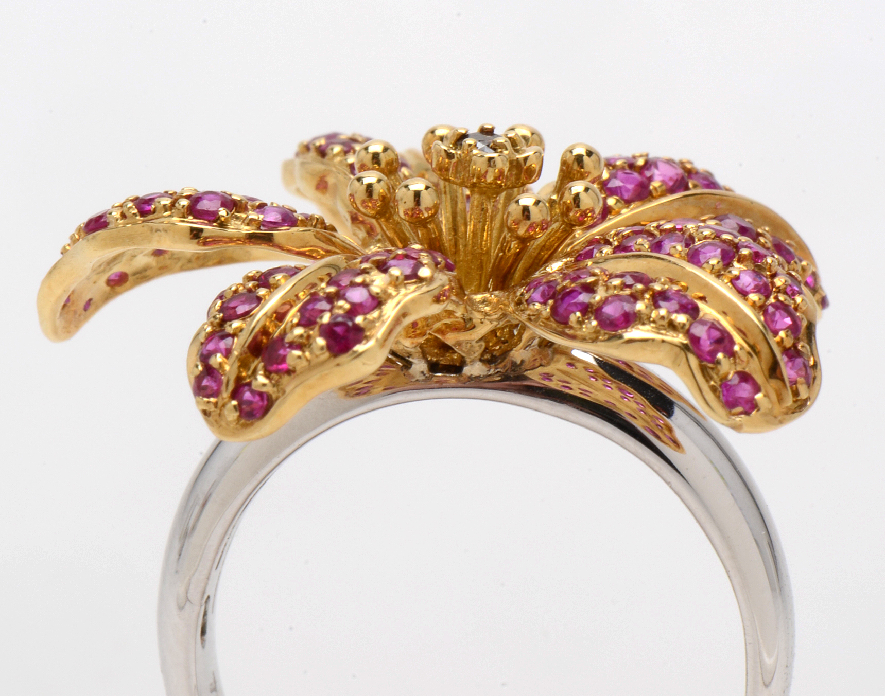Samuel Benham 18K Yellow and White Gold Diamond and Ruby Lily Ring | EBTH