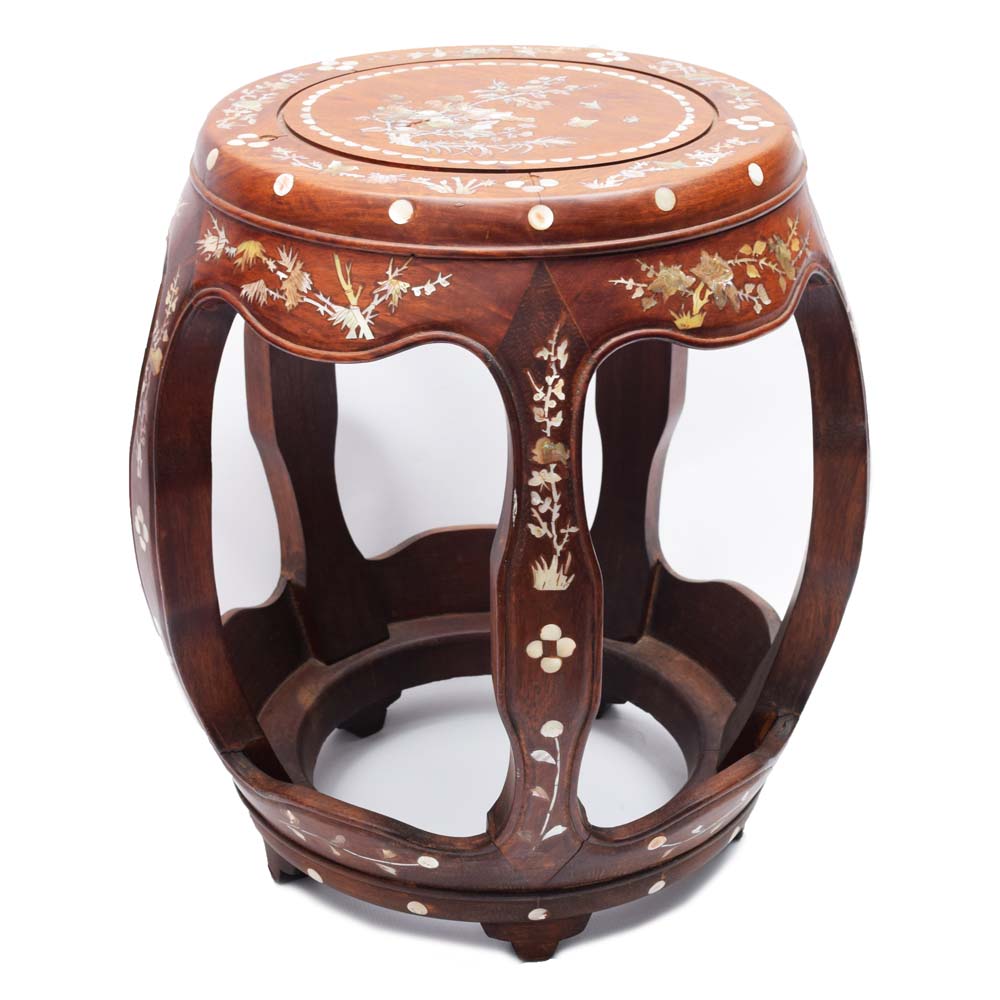 Chinese Teak Garden Stool Featuring Mother of Pearl Inlay | EBTH