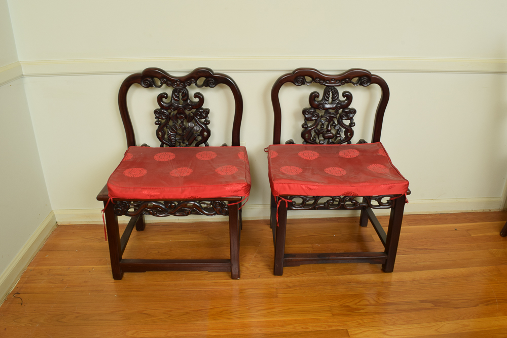 Four Asian Style Rosewood Low Red Seated Chairs | EBTH