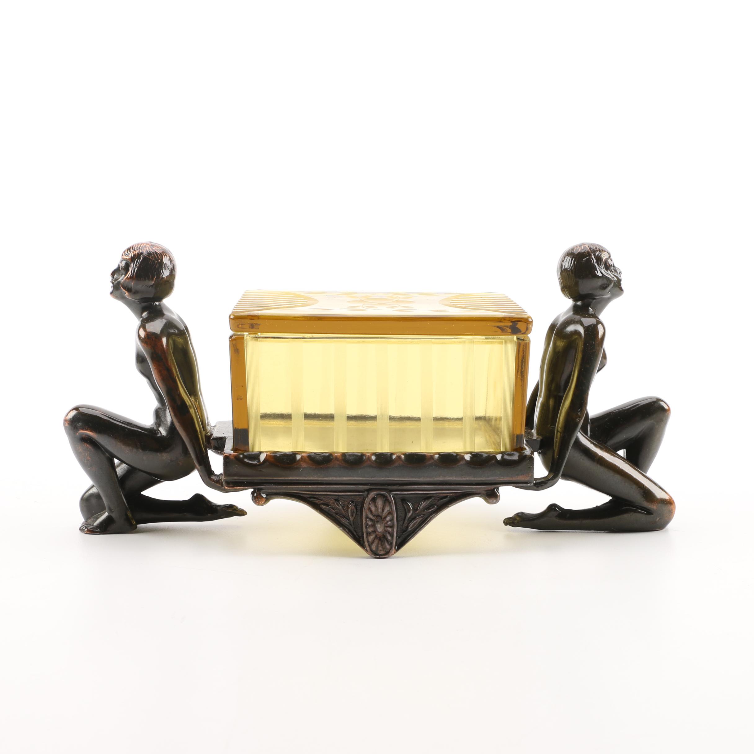 1930s Art Deco Spelter and Glass Cigarette Box with Figural Supports | EBTH