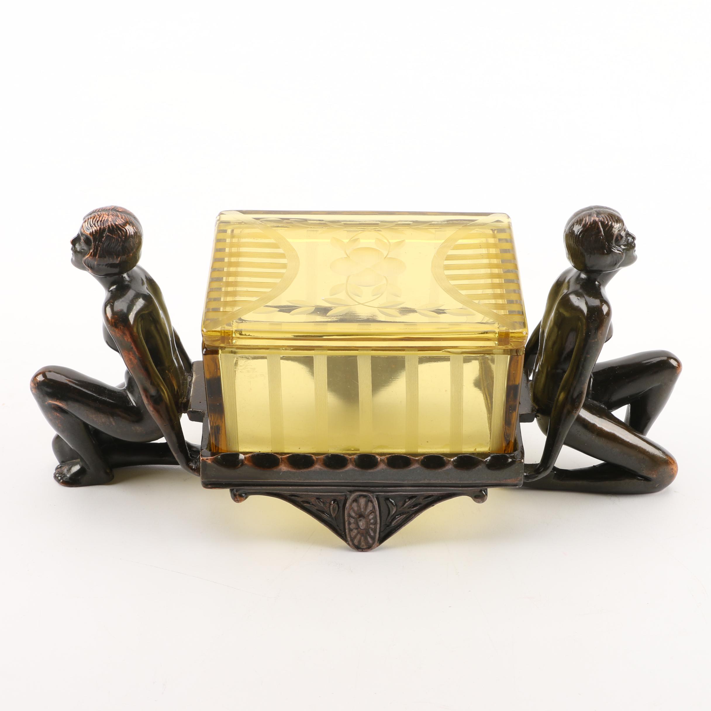 1930s Art Deco Spelter and Glass Cigarette Box with Figural Supports | EBTH