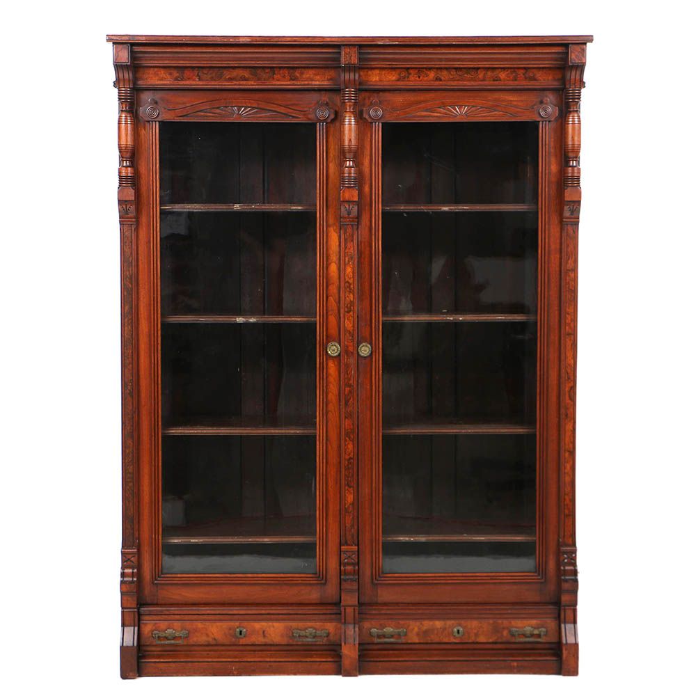 Antique Victorian Eastlake Walnut Bookcase with Two Drawers, Late 19th ...