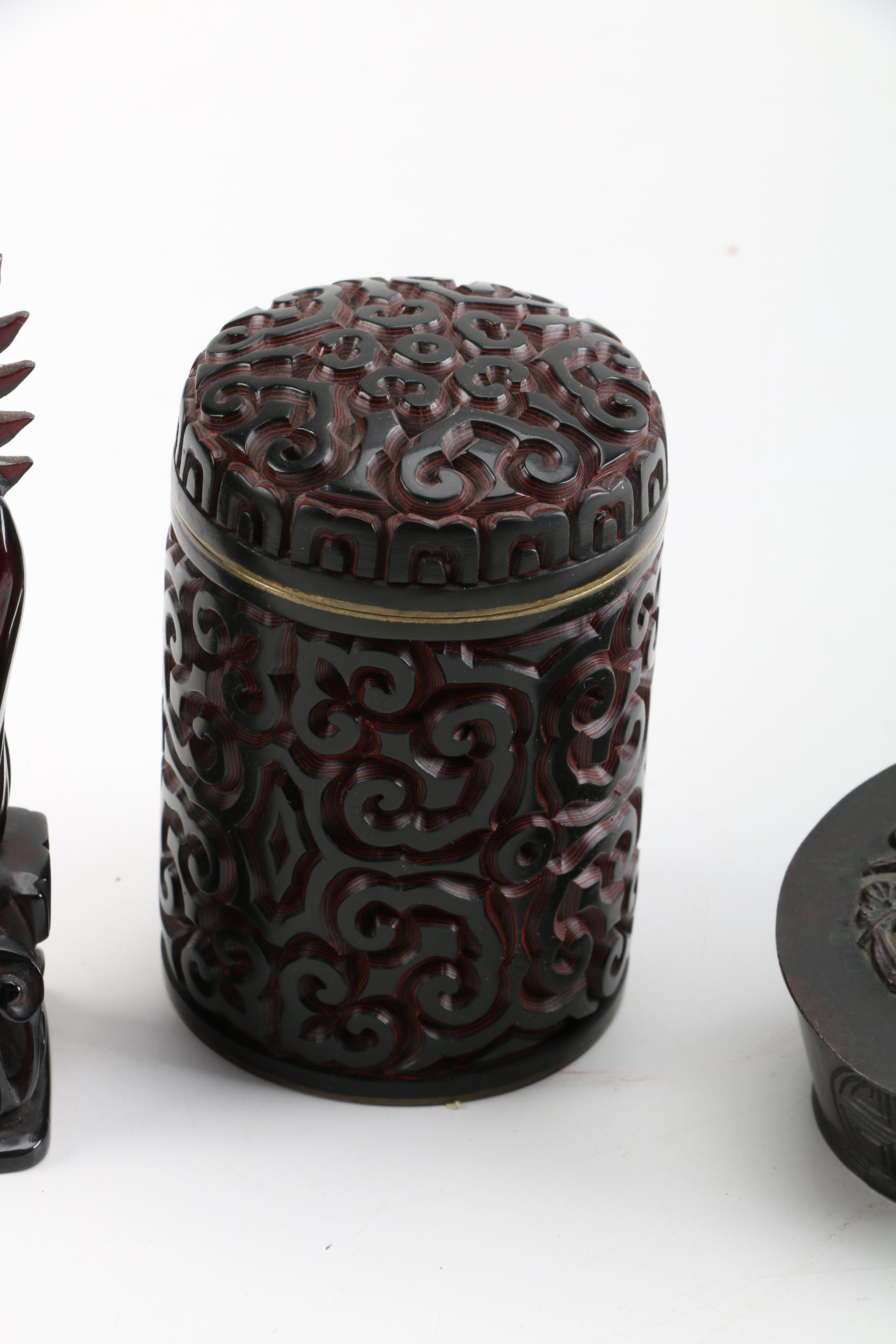 Chinese Decorative Items Including a Carved Lacquer Canister | EBTH
