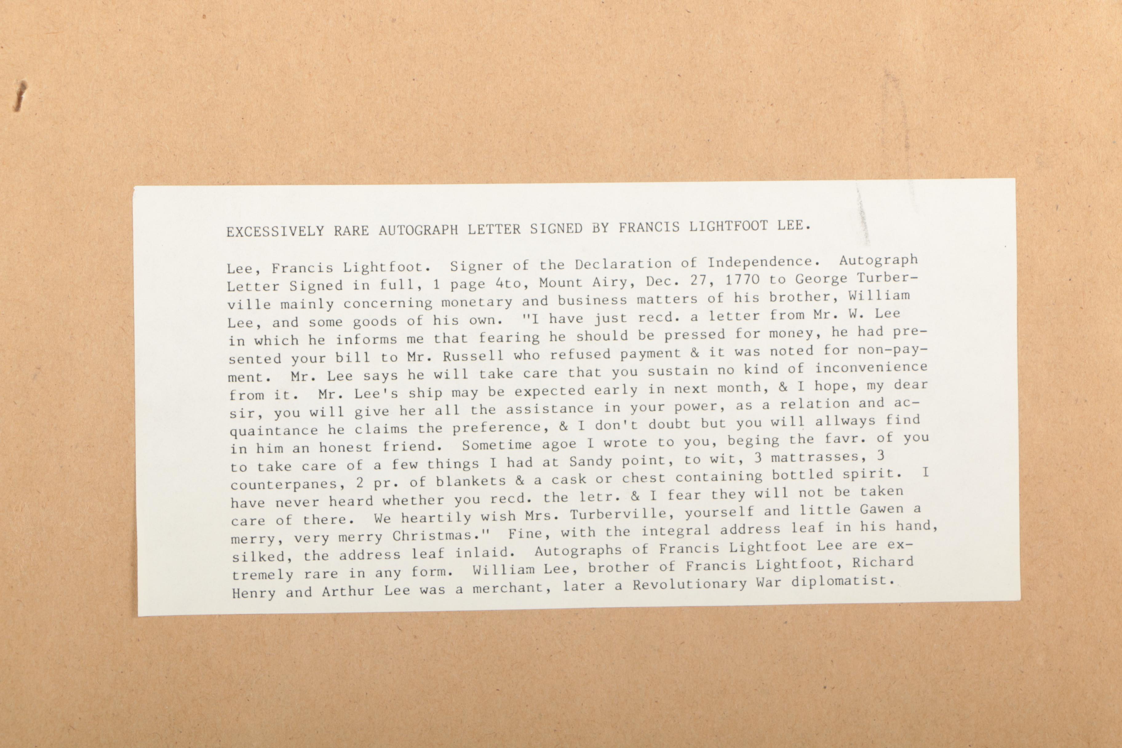 Francis Lightfoot Lee Autograph Letter Signed December 27, 1770 | EBTH