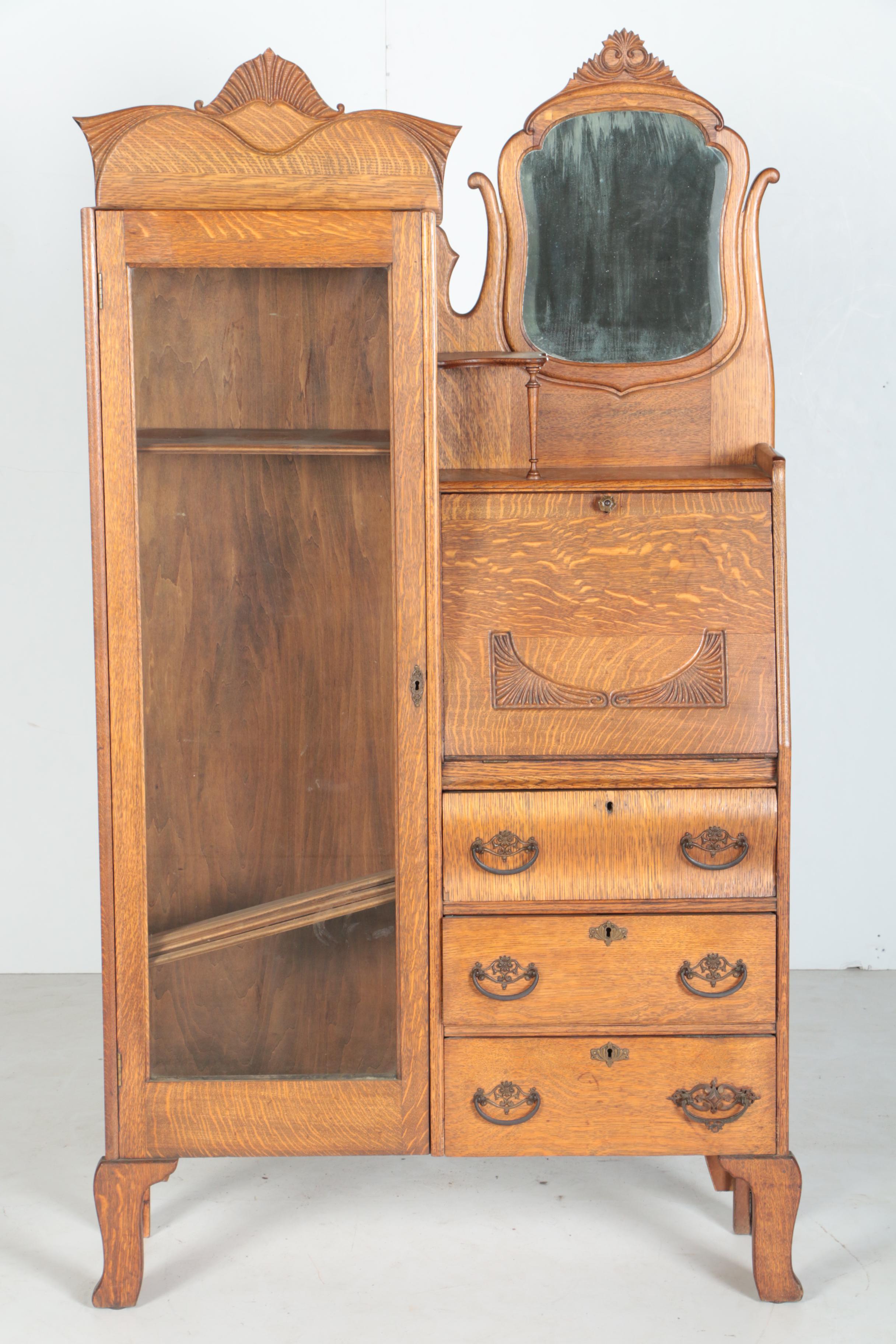 Vintage Victorian Style Oak Side by Side Chifferobe with Fall Front and ...