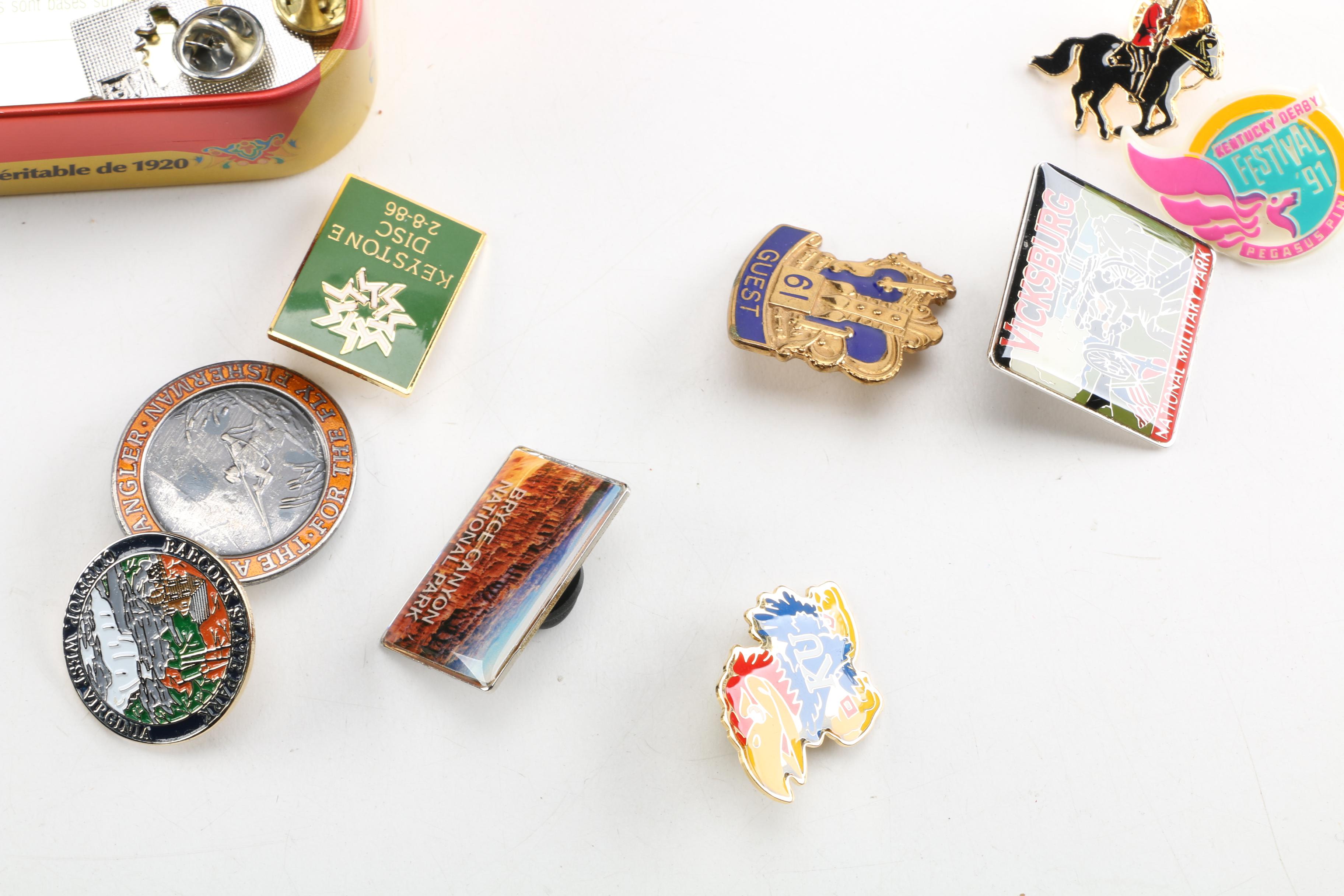 Travel and Sports Related Pinback Collection, Including Display Box | EBTH