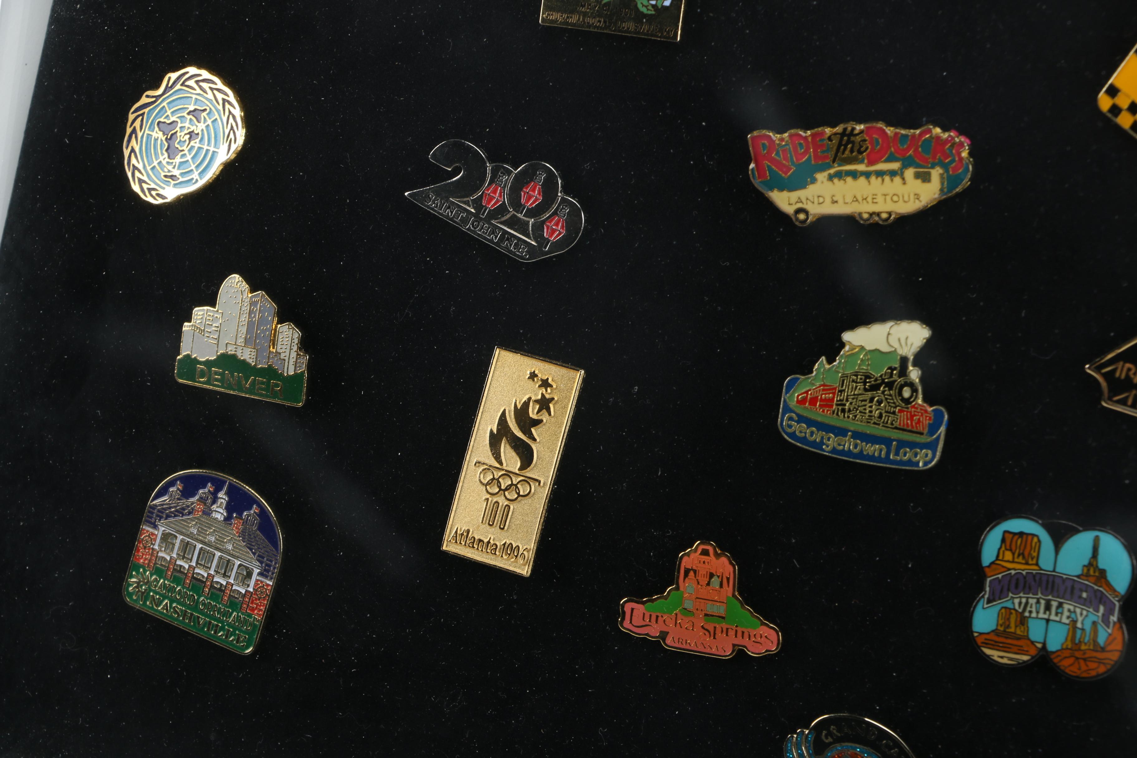 Travel and Sports Related Pinback Collection, Including Display Box | EBTH