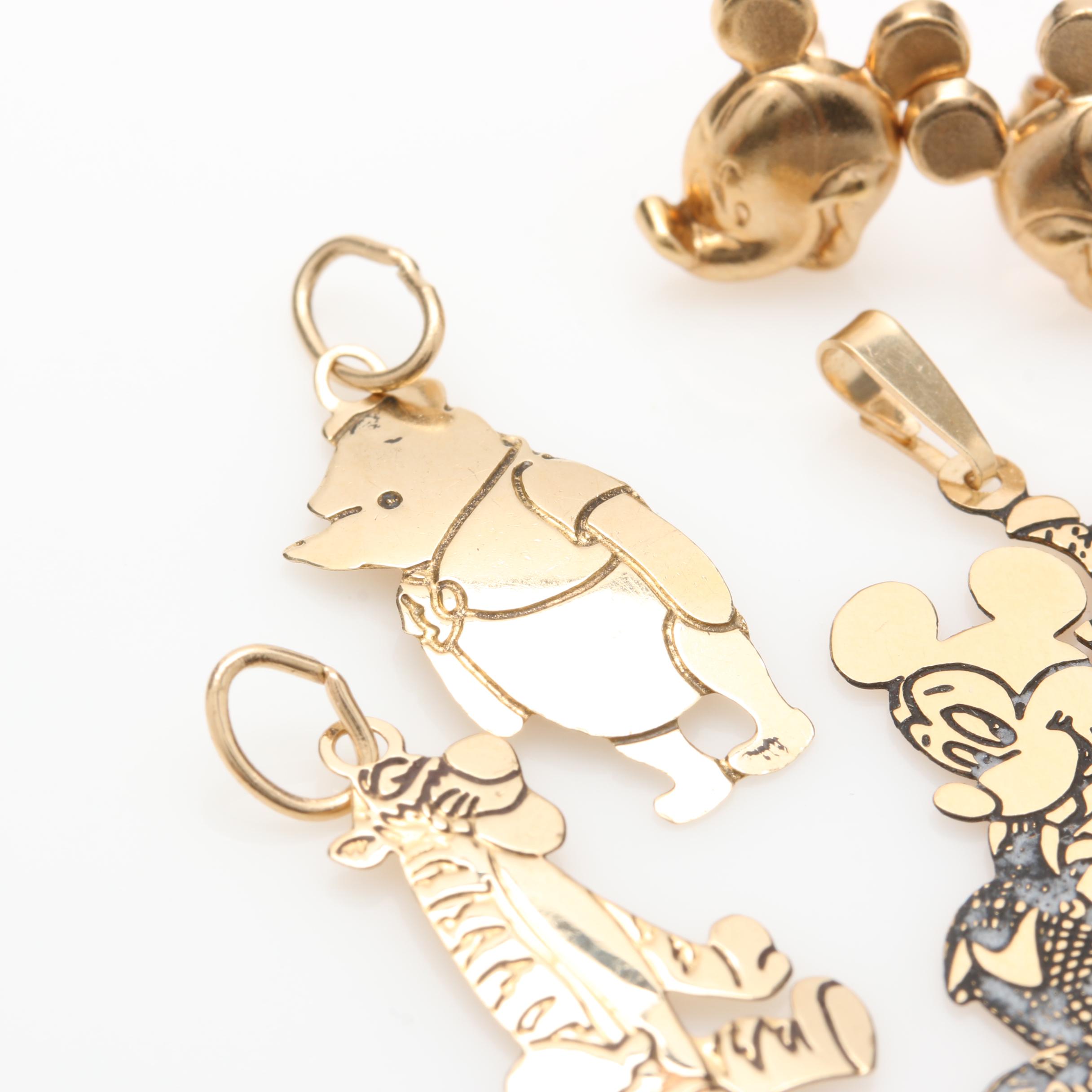 14K Yellow Gold Disney Charms, Pendant, and Earrings Including ...