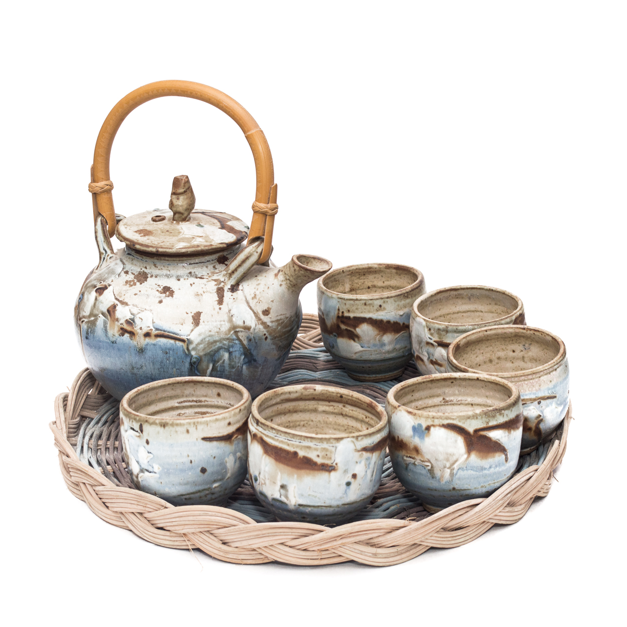 Hand Built Pottery Teapot, Cups and Woven Tray | EBTH