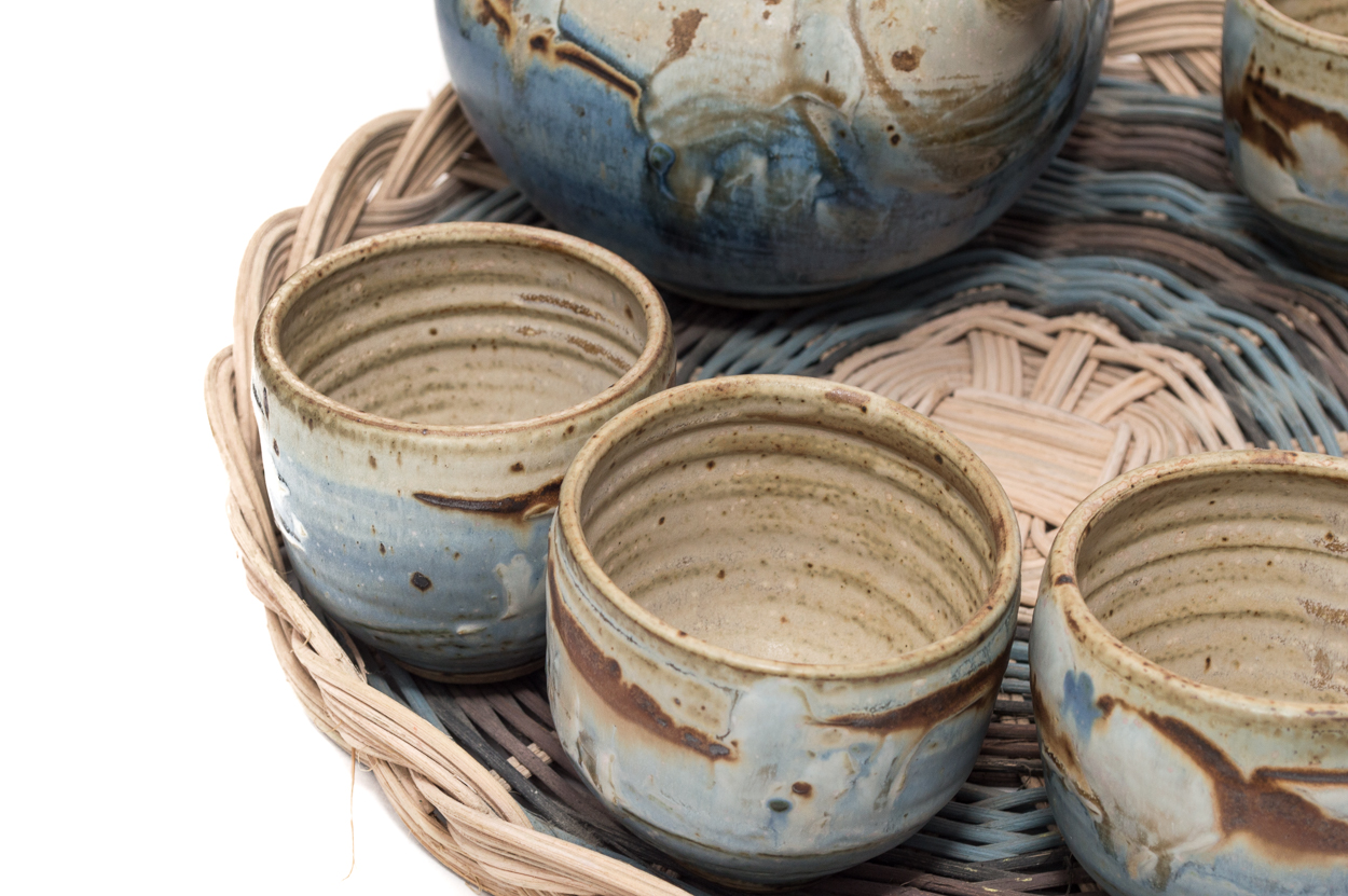 Hand Built Pottery Teapot, Cups and Woven Tray | EBTH