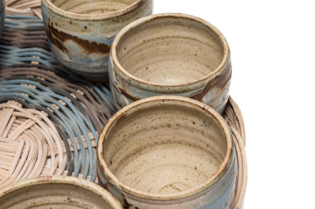 Hand Built Pottery Teapot, Cups and Woven Tray | EBTH