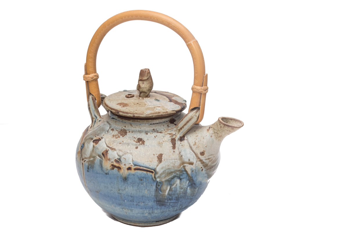 Hand Built Pottery Teapot, Cups and Woven Tray | EBTH