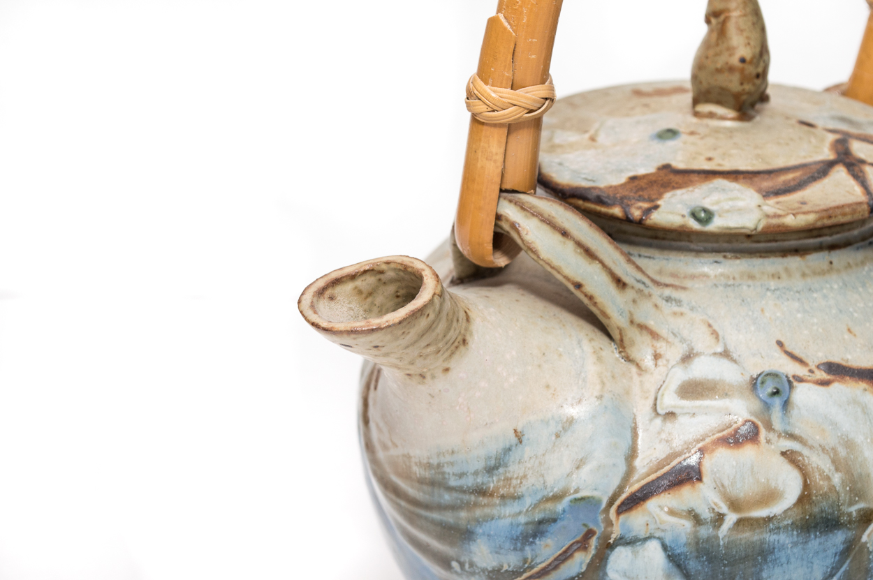 Hand Built Pottery Teapot, Cups and Woven Tray | EBTH