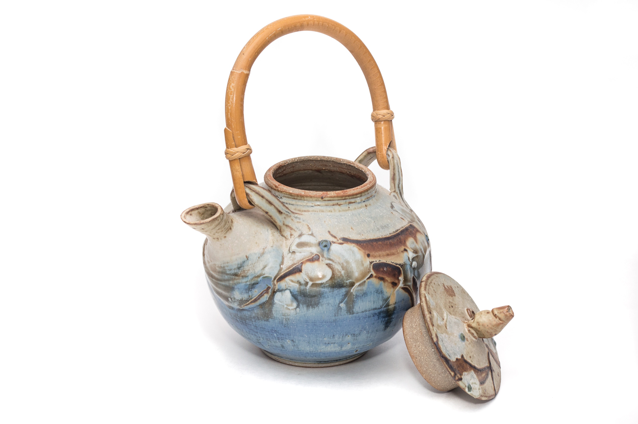 Hand Built Pottery Teapot, Cups and Woven Tray | EBTH