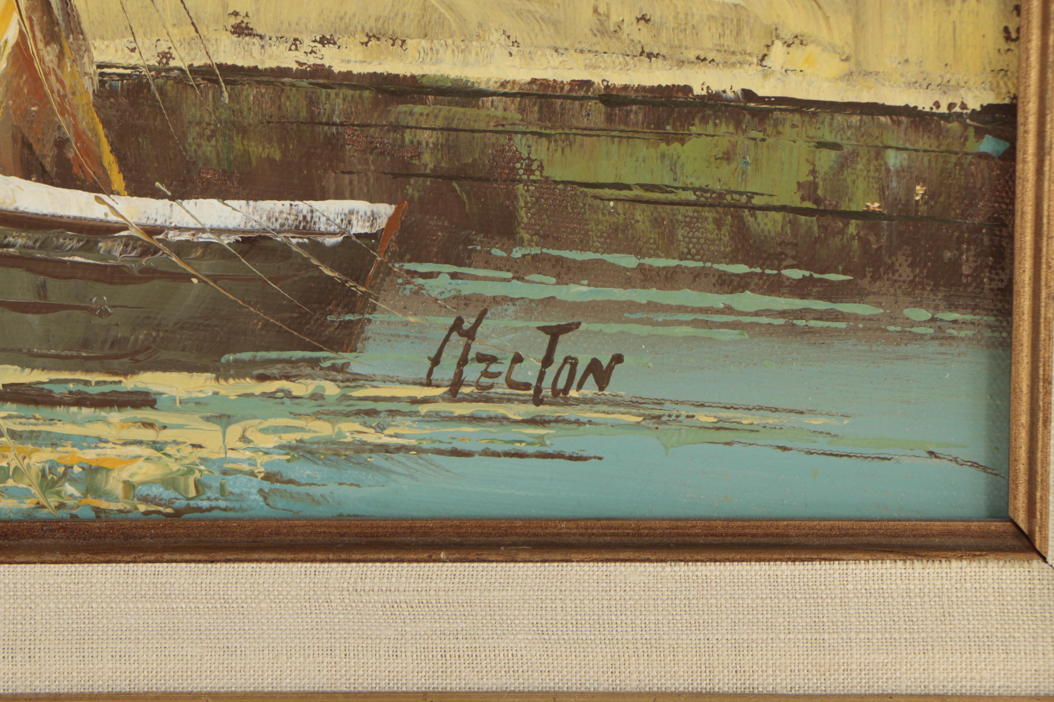Melton Oil Painting of a Docked Sailboat | EBTH