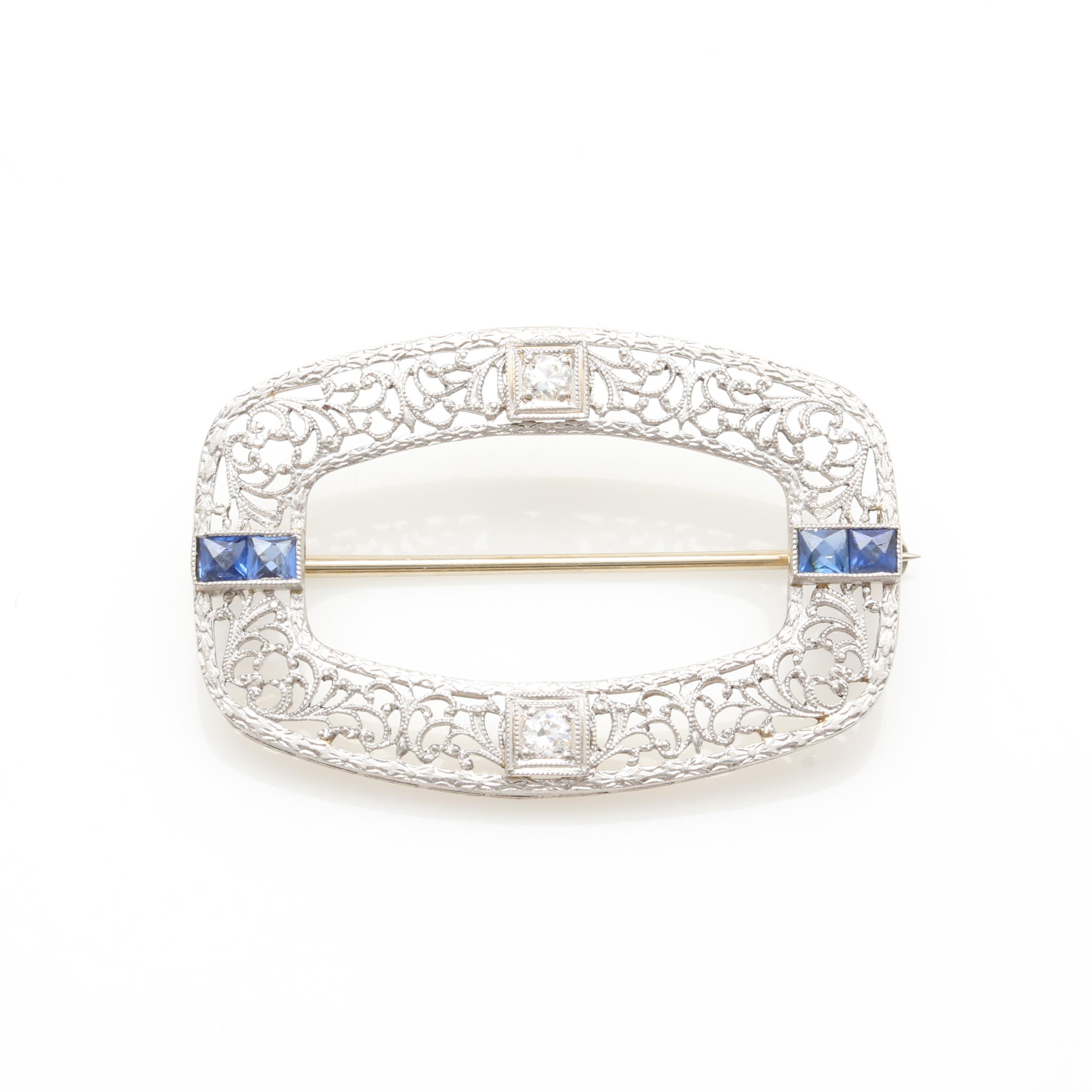 Edwardian Platinum and 14K White Gold Diamond and Blue Sapphire Brooch ...