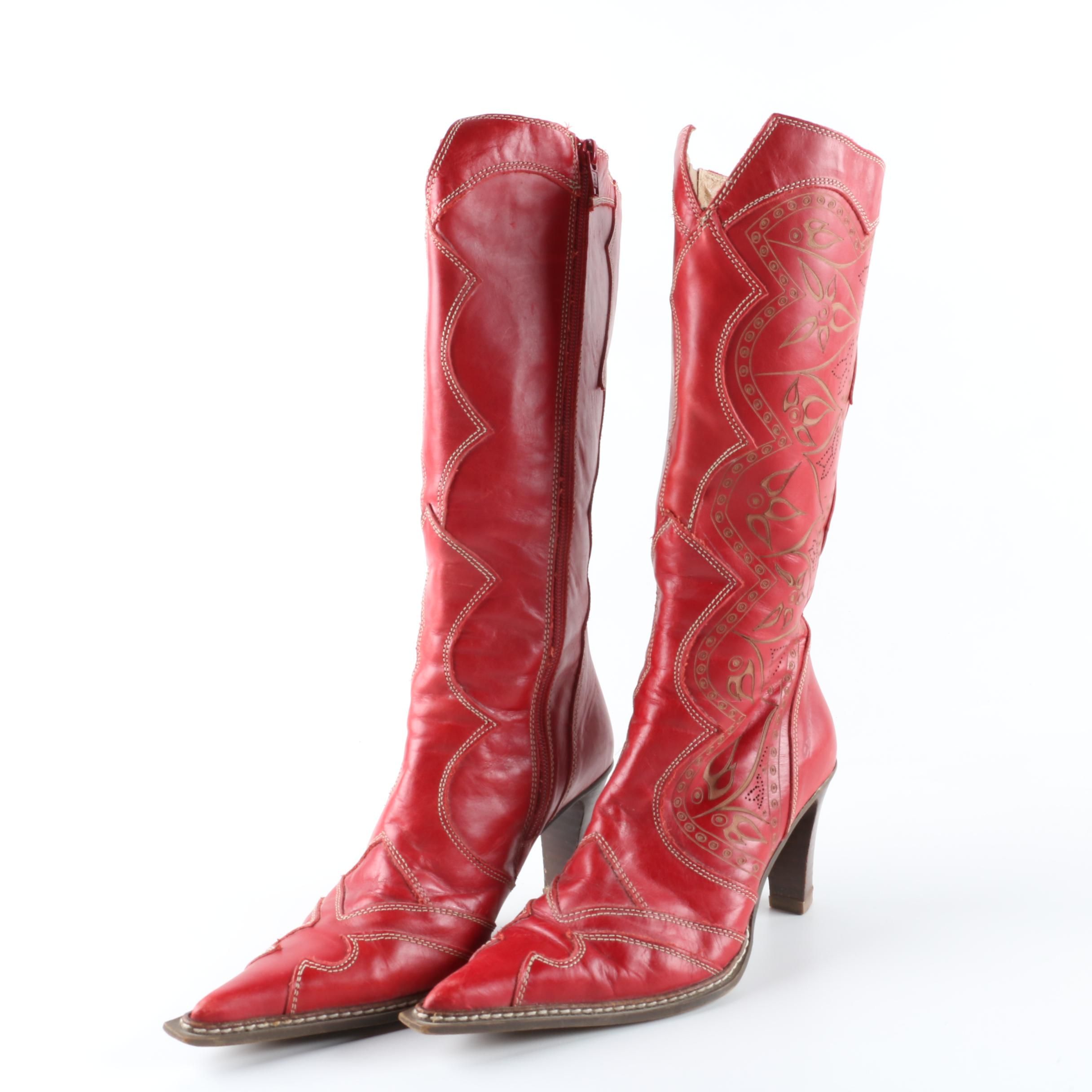 Women's Destroy Red Leather High-Heeled Western Boots | EBTH