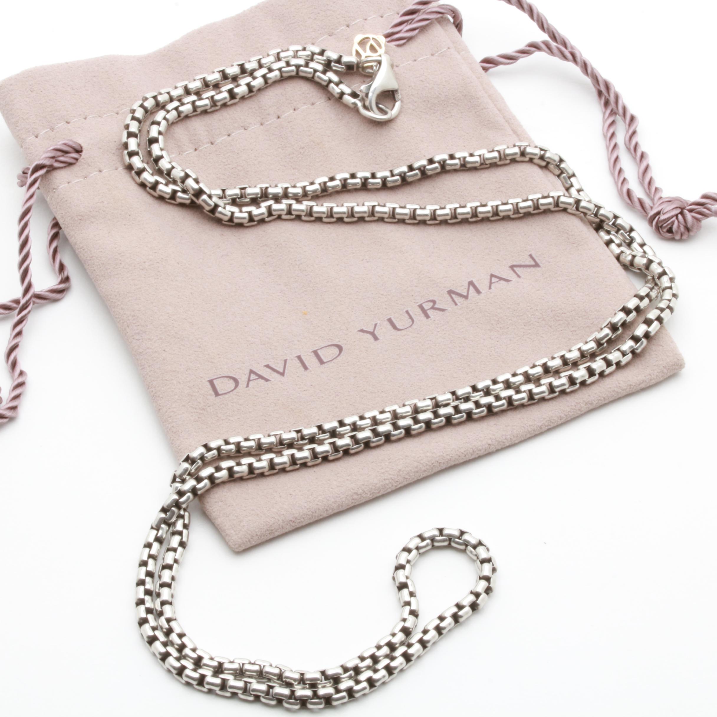 David Yurman Sterling Silver Box Chain Necklace with 18K Gold Hang Tag ...