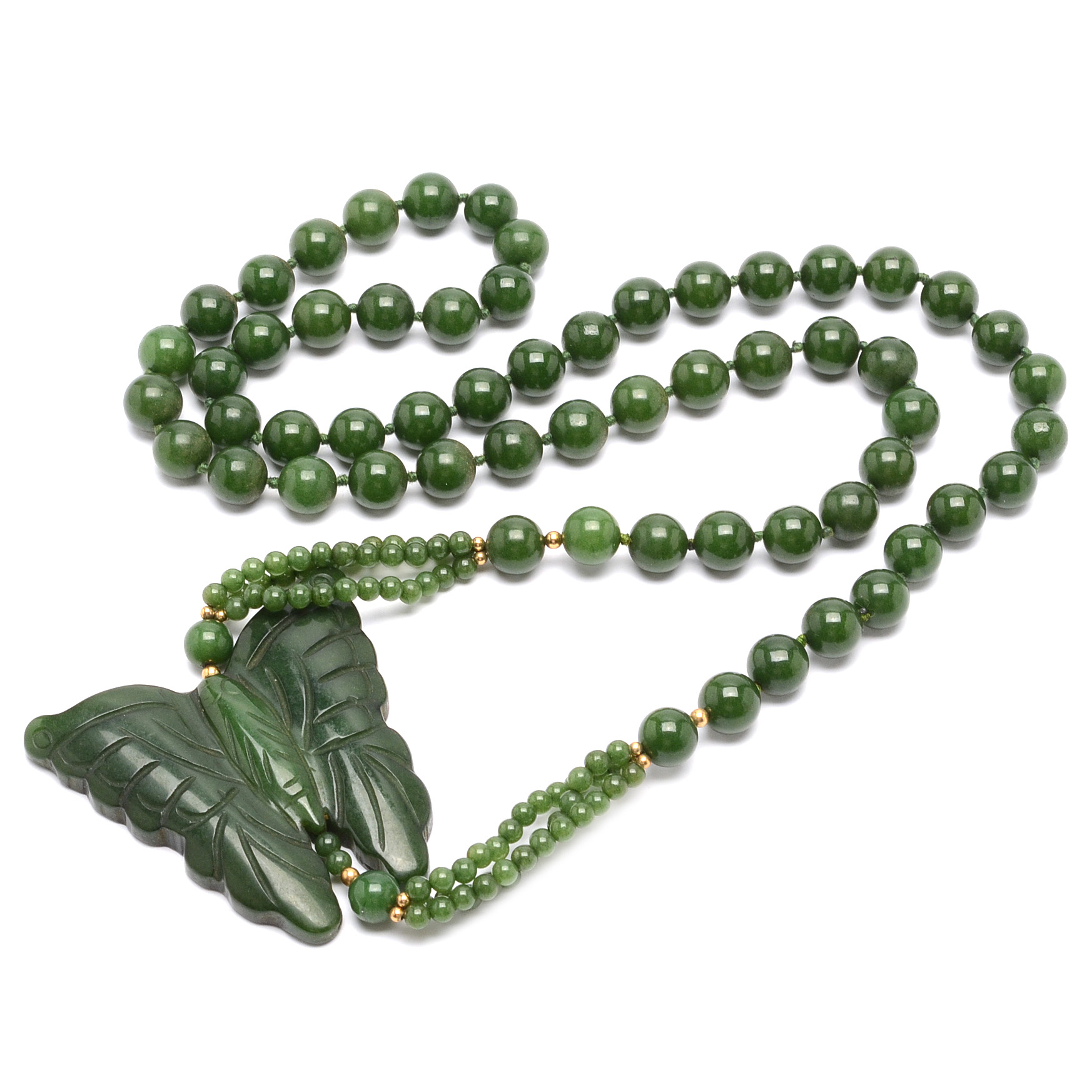 Beaded Nephrite Necklace Showcasing a Carved Butterfly Pendant | EBTH