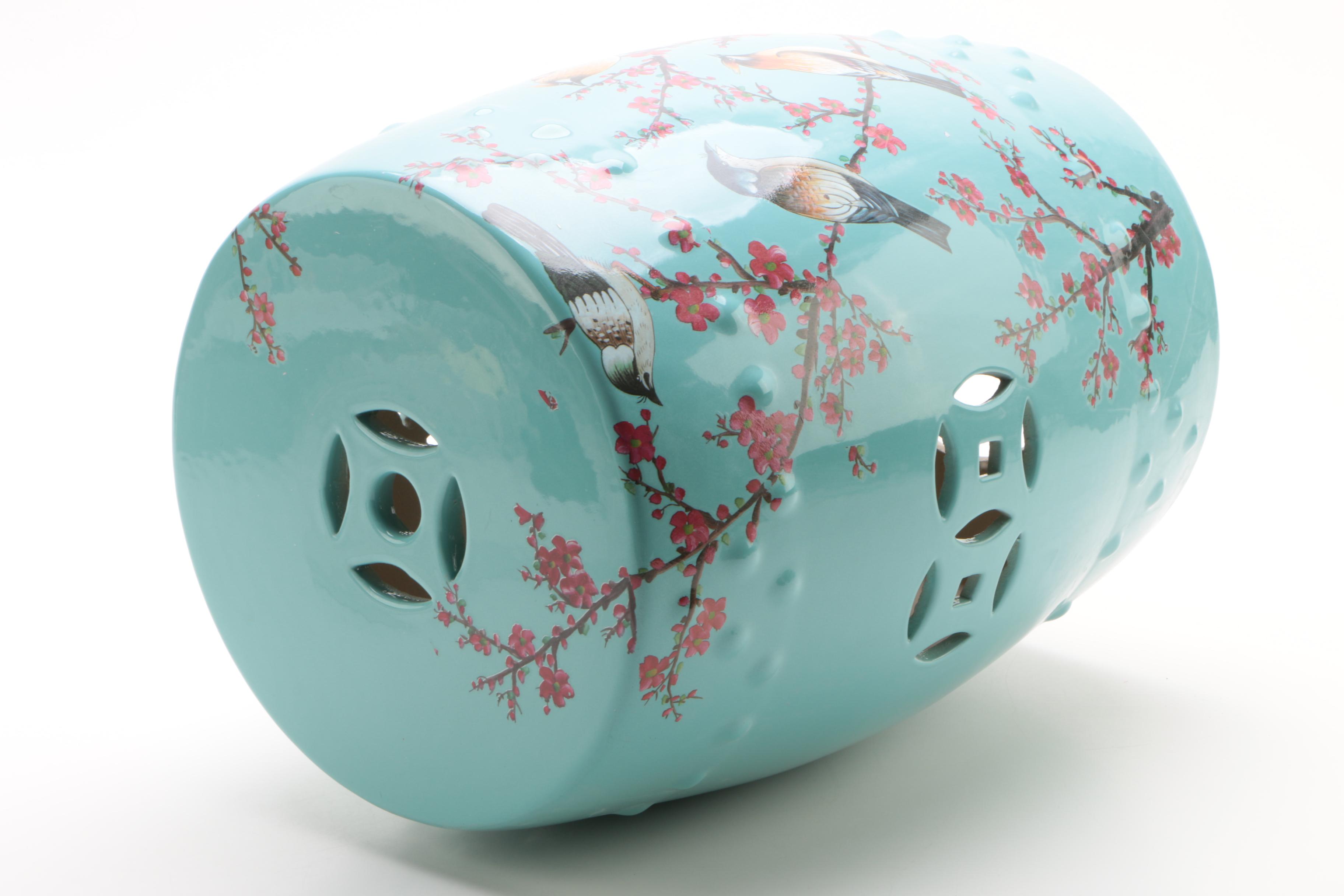 Chinese Ceramic Garden Stool with Bird and Floral Design over Turquoise ...