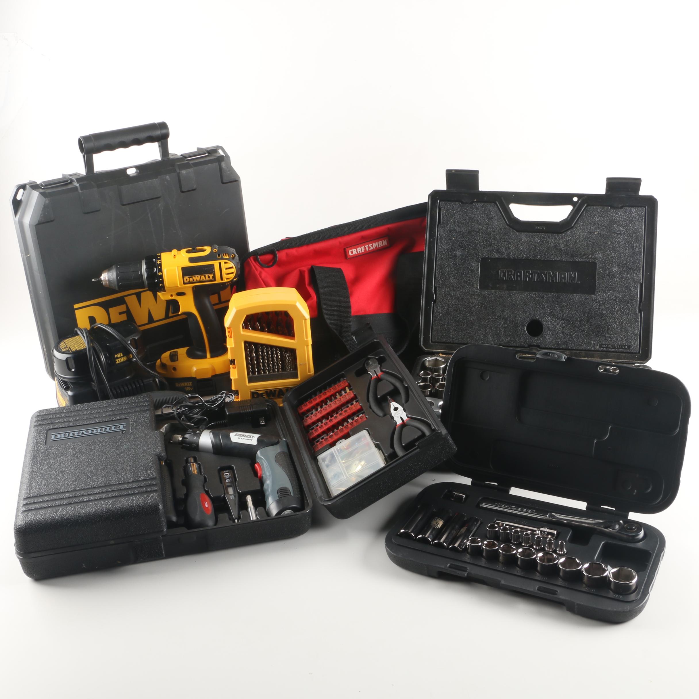 DeWalt Cordless Drill, Craftsman Socket Set, Durabuilt Tool Set and ...