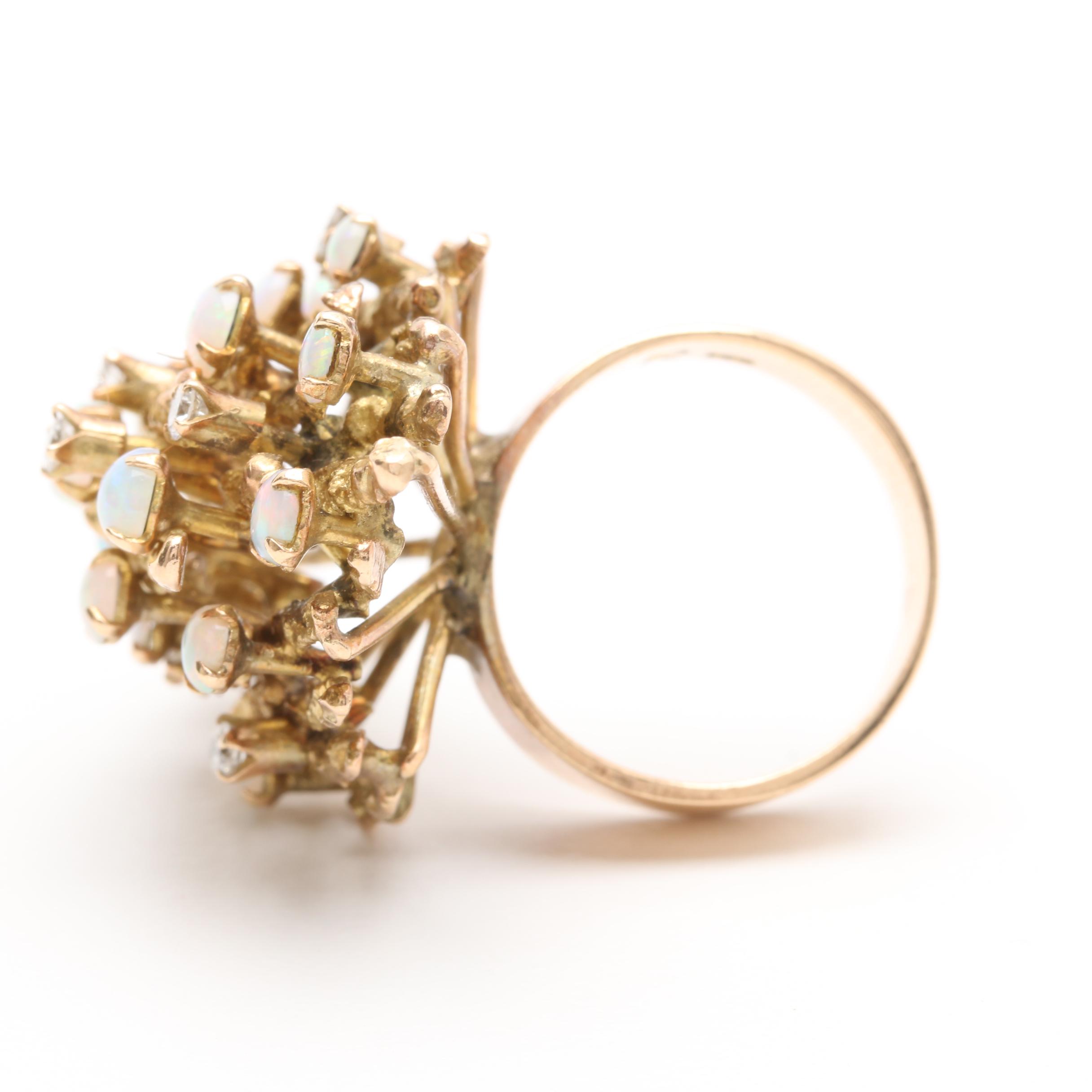 14K Yellow Gold Diamond and Opal Stacked Cluster Ring | EBTH