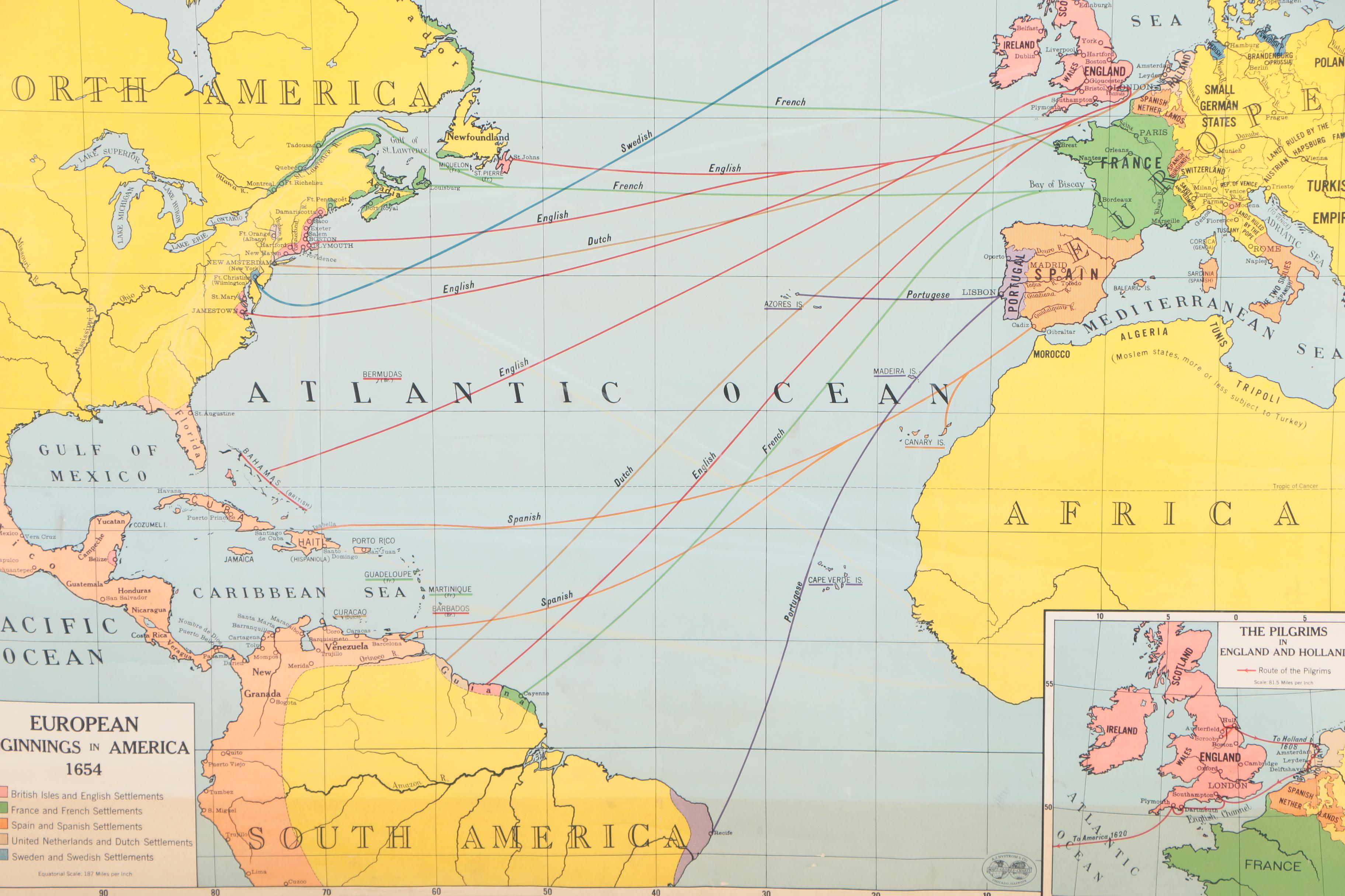 A.J. Nystrom Lithograph Map of English Colonies Circa 1700 and European ...