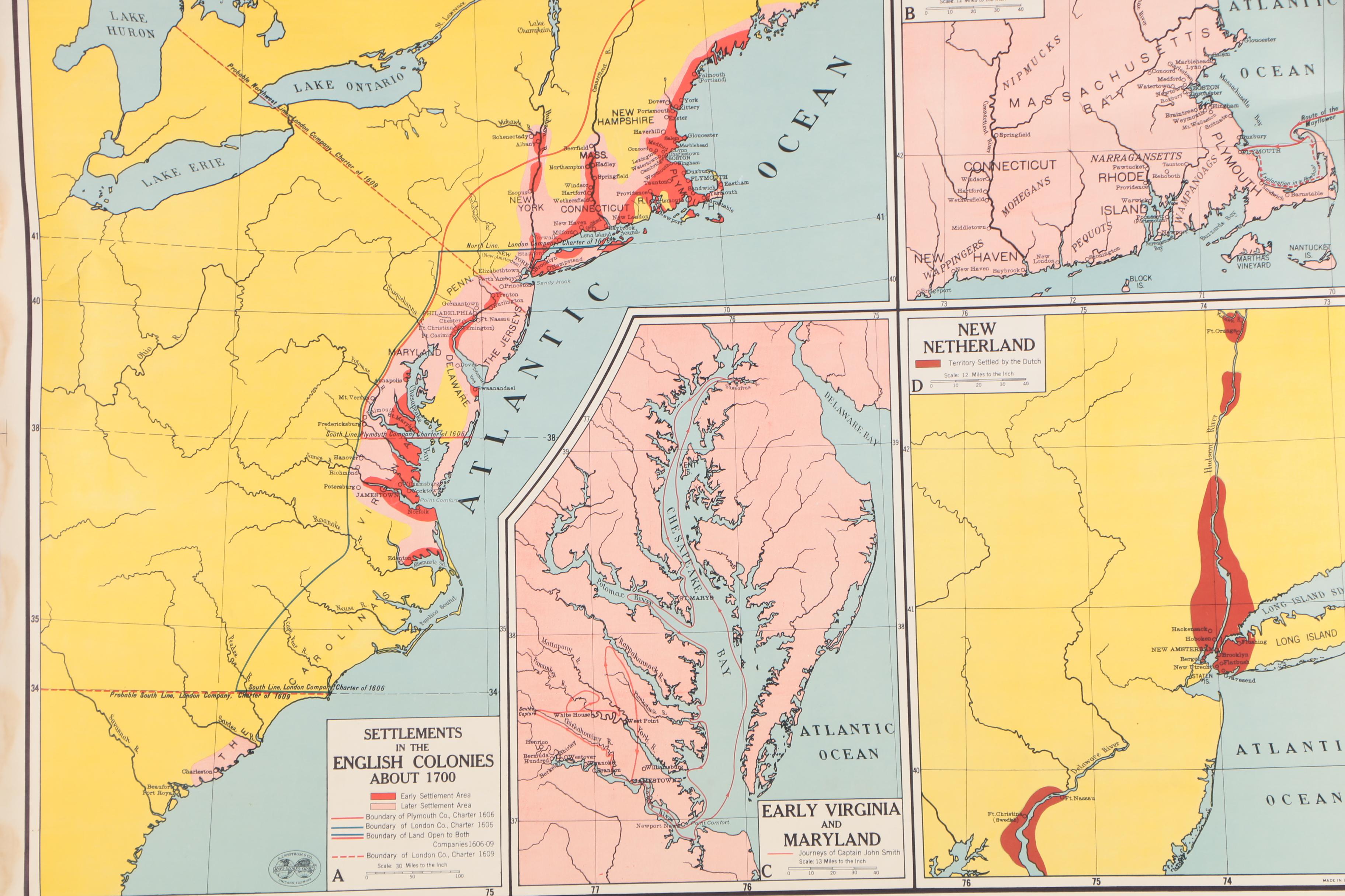 A.J. Nystrom Lithograph Map of English Colonies Circa 1700 and European ...
