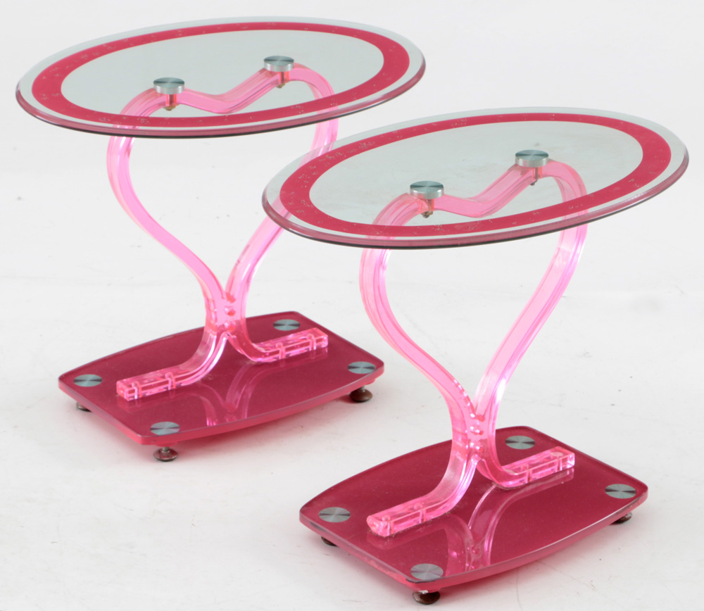Pair of Pink Acrylic and Oval Glass Occasional Tables | EBTH