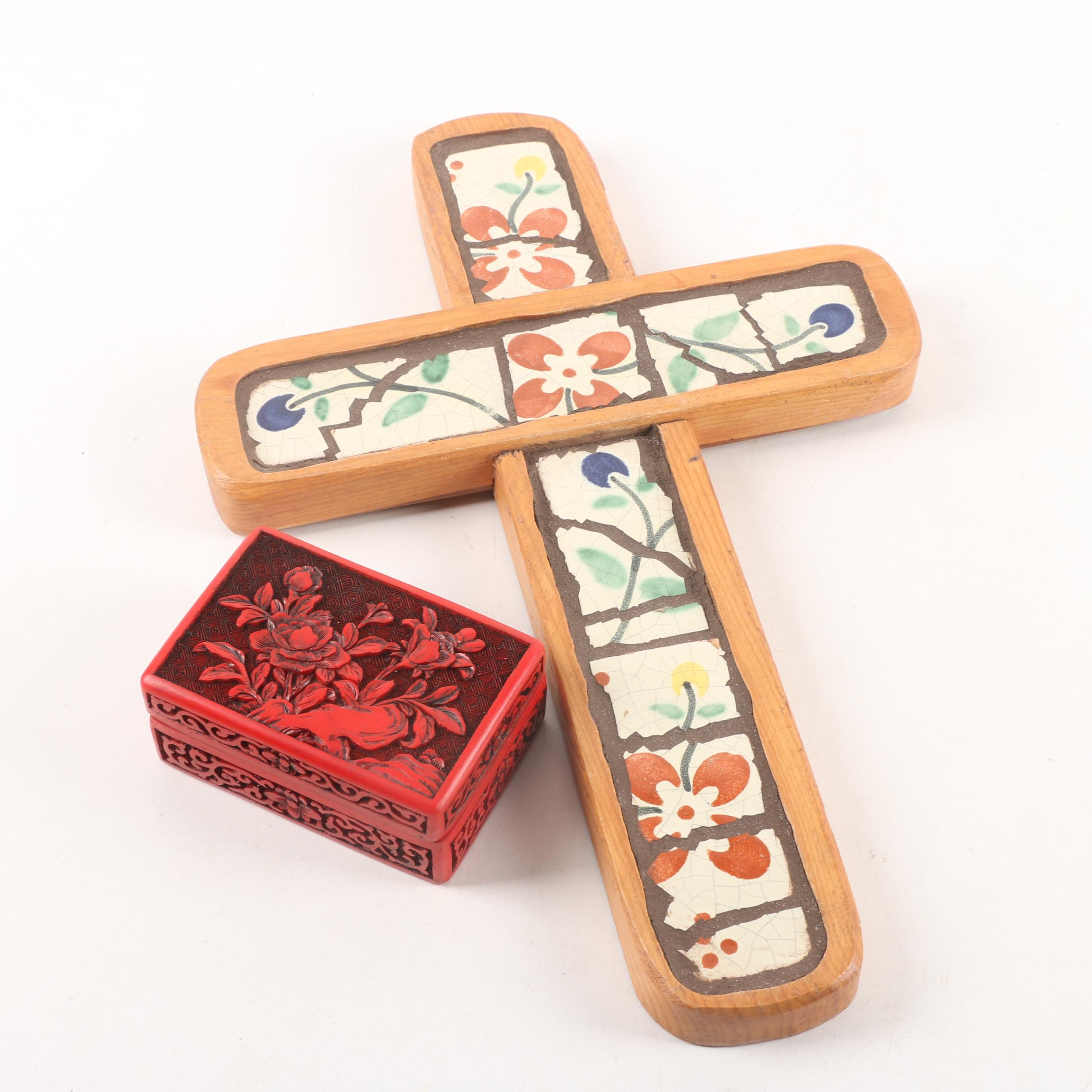 Debora Duran-Geiger Ceramic and Wood Cross with Cinnabar-Style Trinket ...