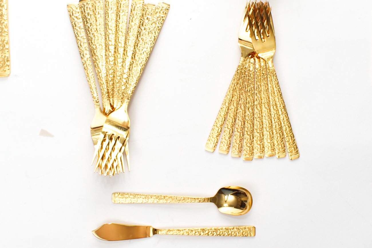 Lifetime Cutlery Gold Tone Flatware with Embossed Filigree Handles | EBTH